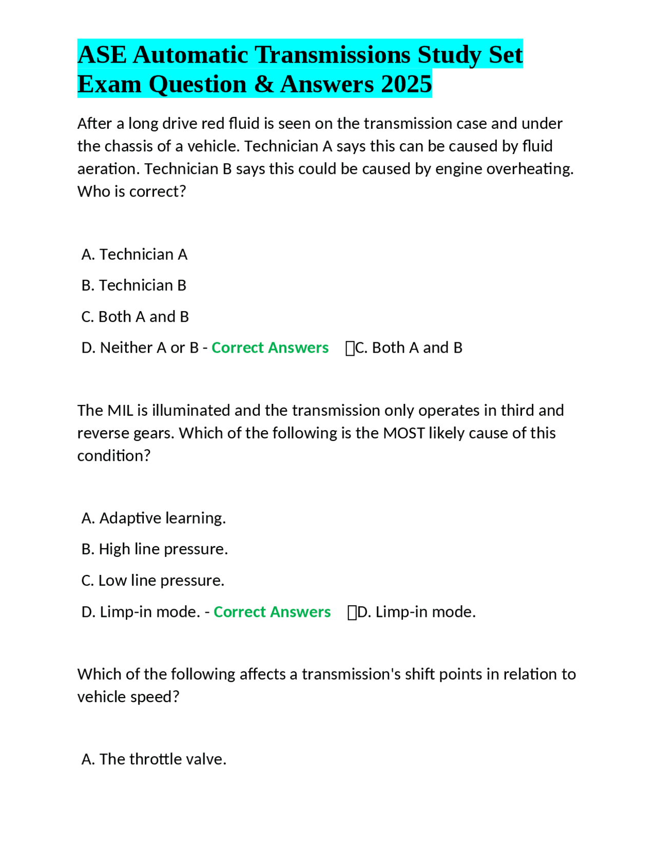 ASE Automatic Transmissions Study Set: Exam Questions and Answers ...