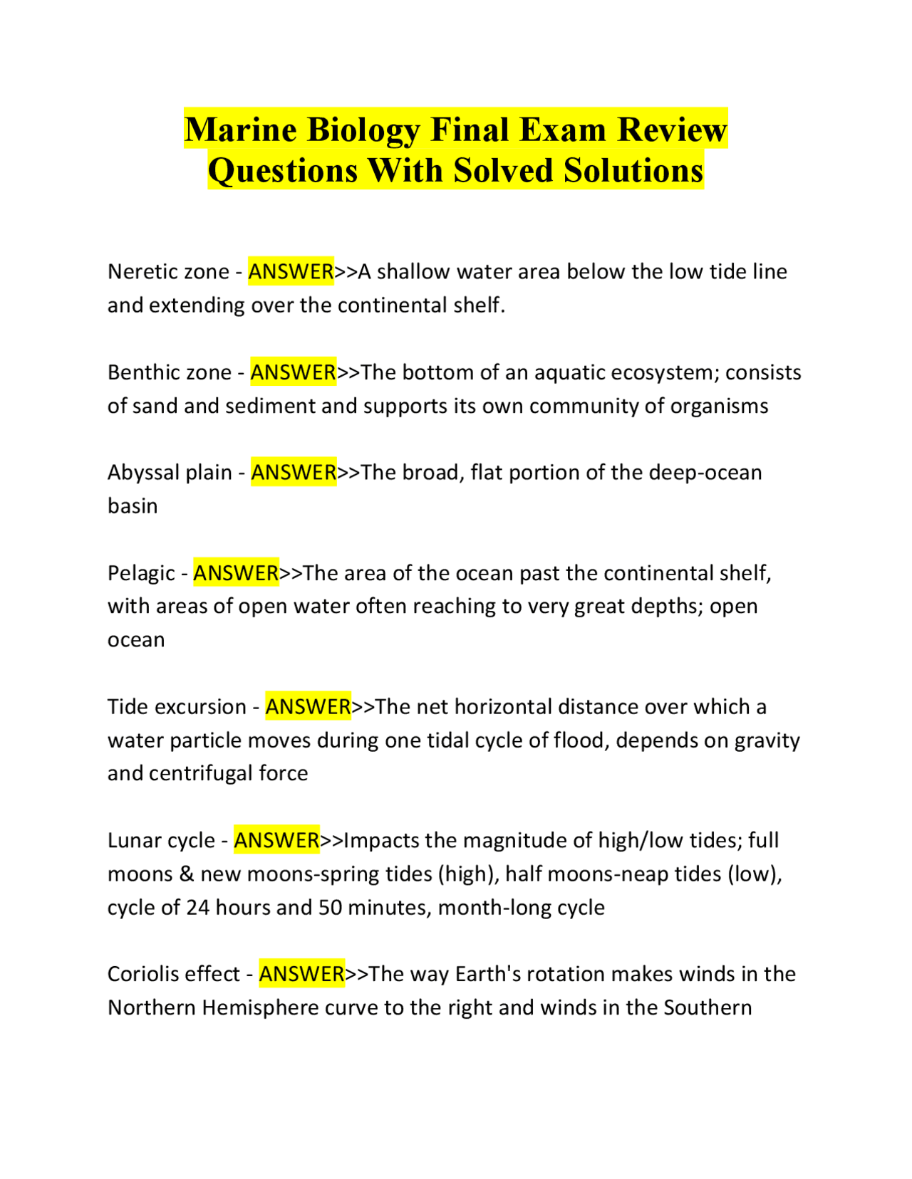 Marine Biology Final Exam Review: Questions and Solved Solutions ...