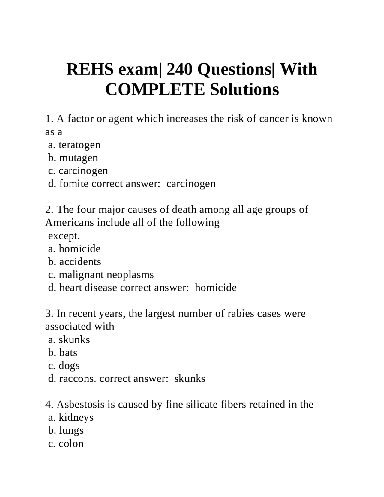 REHS Exam: 240 Questions with Complete Solutions | Exams Nursing | Docsity