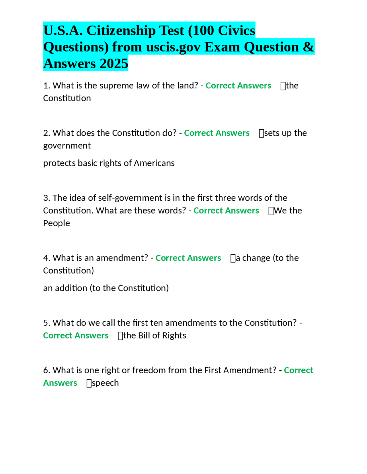 U.S.A. Citizenship Test (100 Civics Questions) from uscis.gov Exam ...