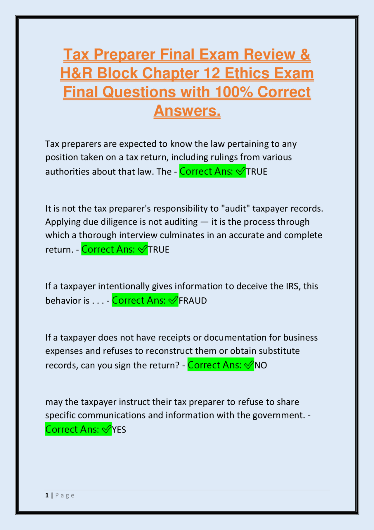 Tax Preparer Final Exam Review & H&R Block Chapter 12 Ethics Exam: Questions and Answers | Exams ...