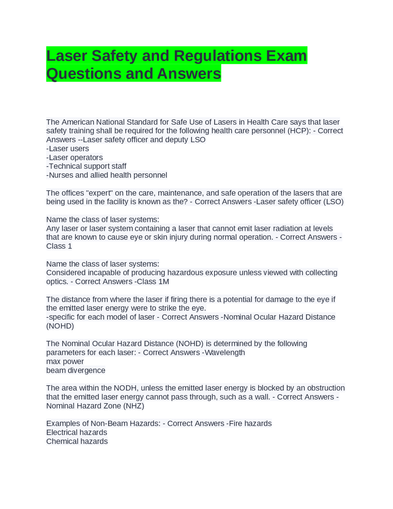 Laser Safety and Regulations Exam: Questions and Answers | Exams ...