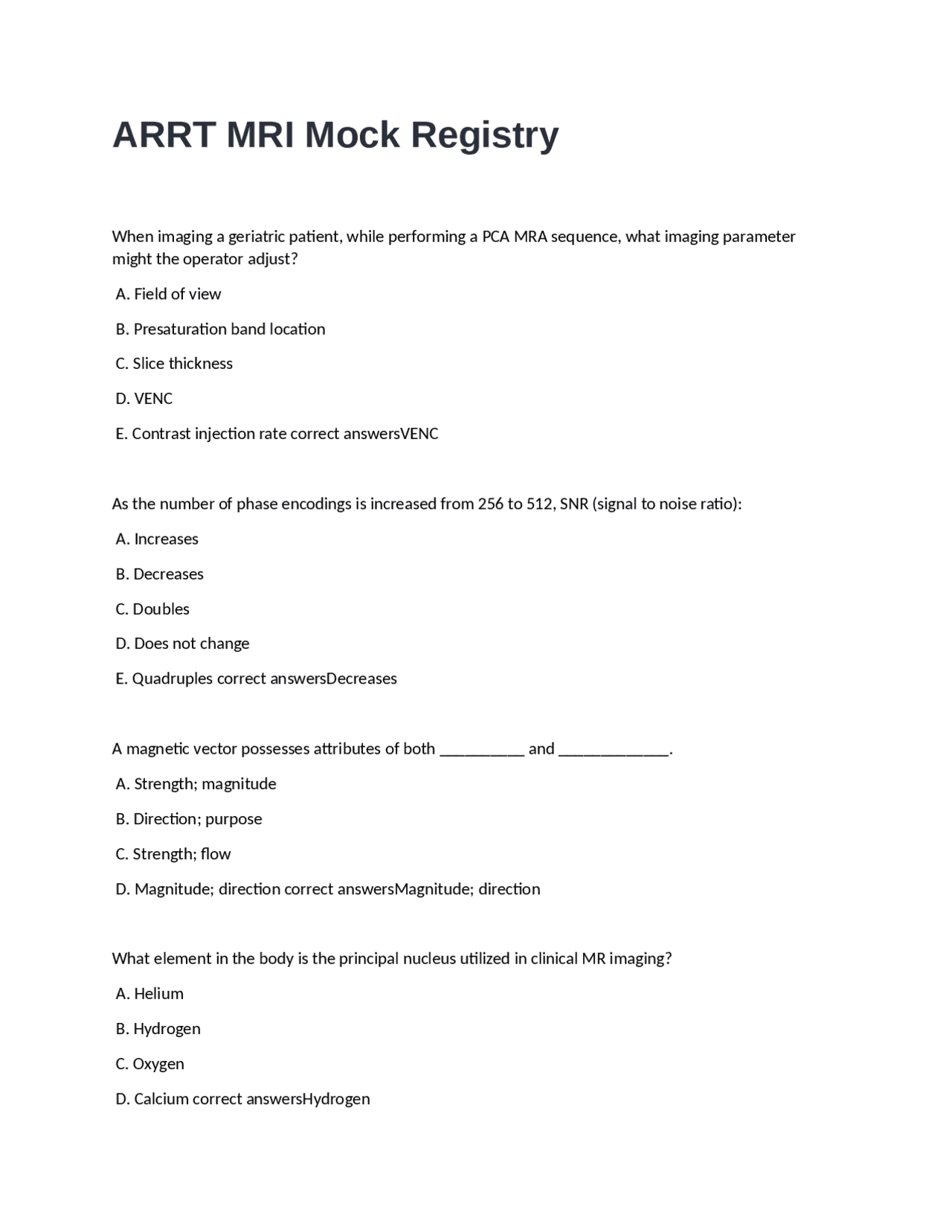ARRT MRI Mock Registry: Multiple Choice Questions and Answers | Exams Nursing | Docsity