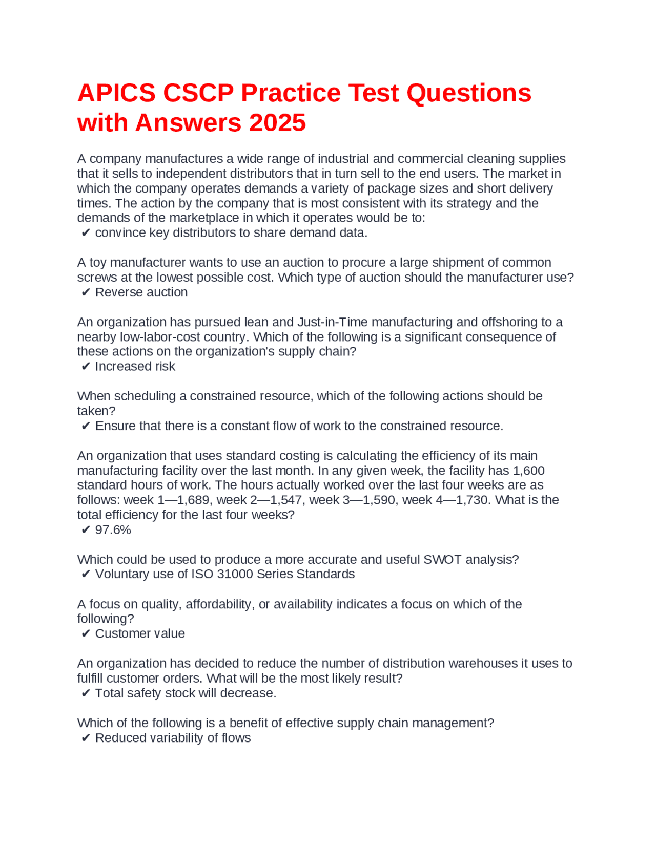 APICS CSCP Practice Test Questions with Answers 2025 | Exams ...