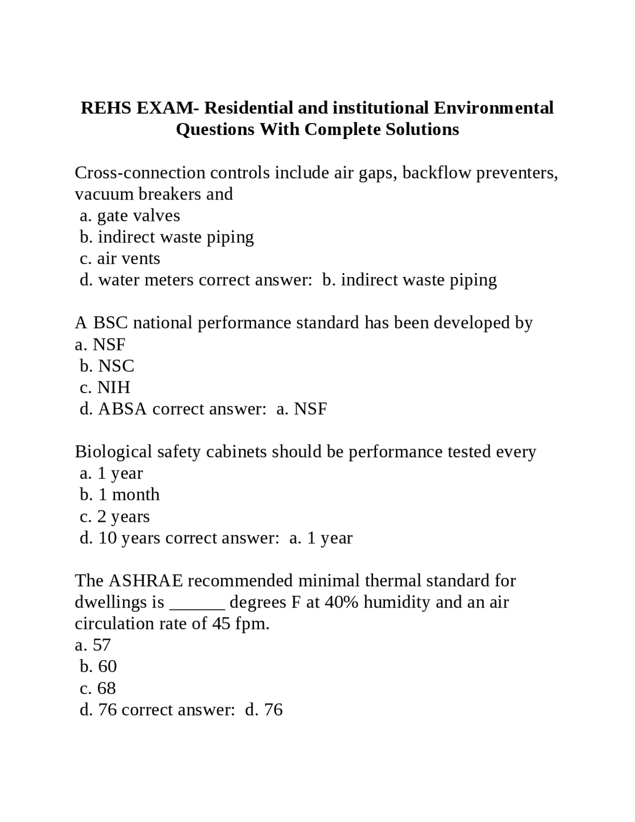 REHS EXAM - Residential and Institutional Environmental Questions with ...