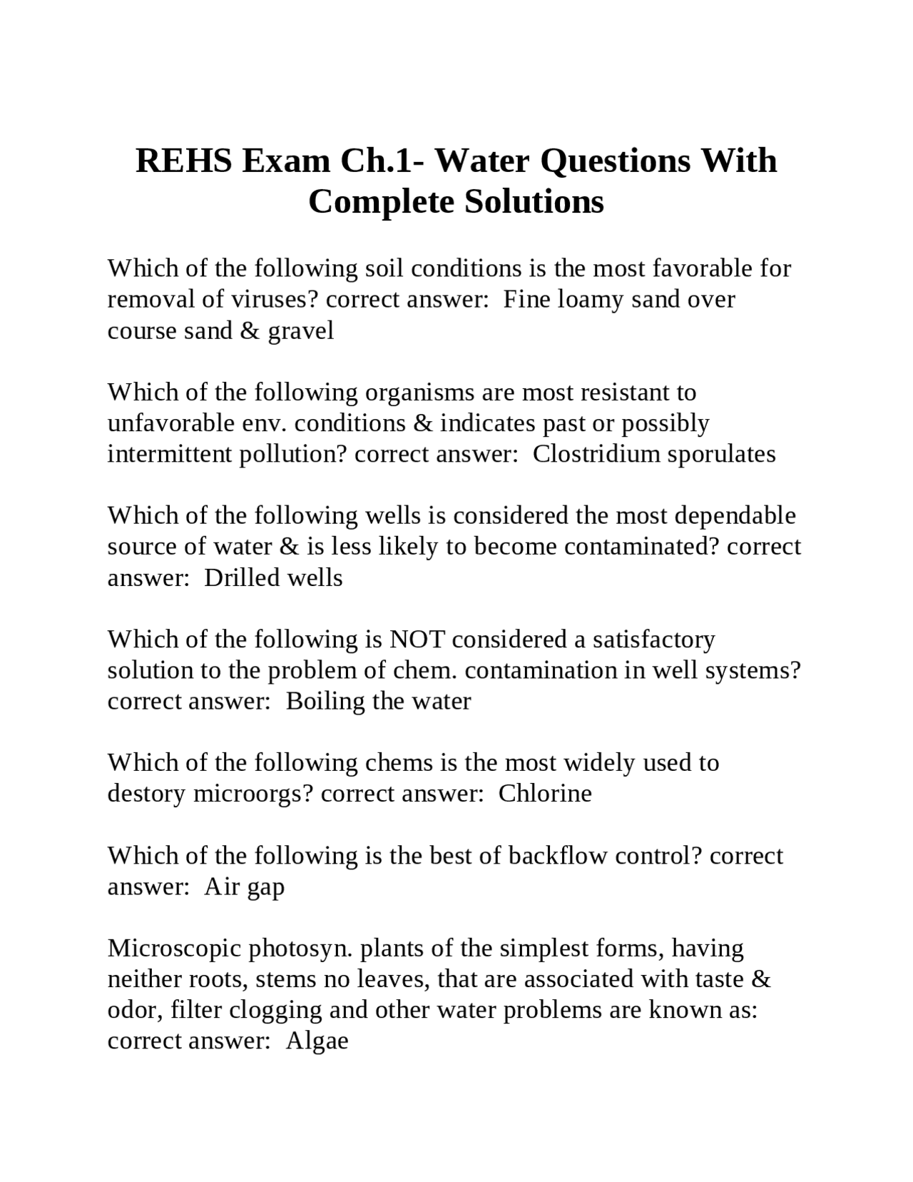 REHS Exam Ch.1- Water Questions With Complete Solutions | Exams Nursing ...