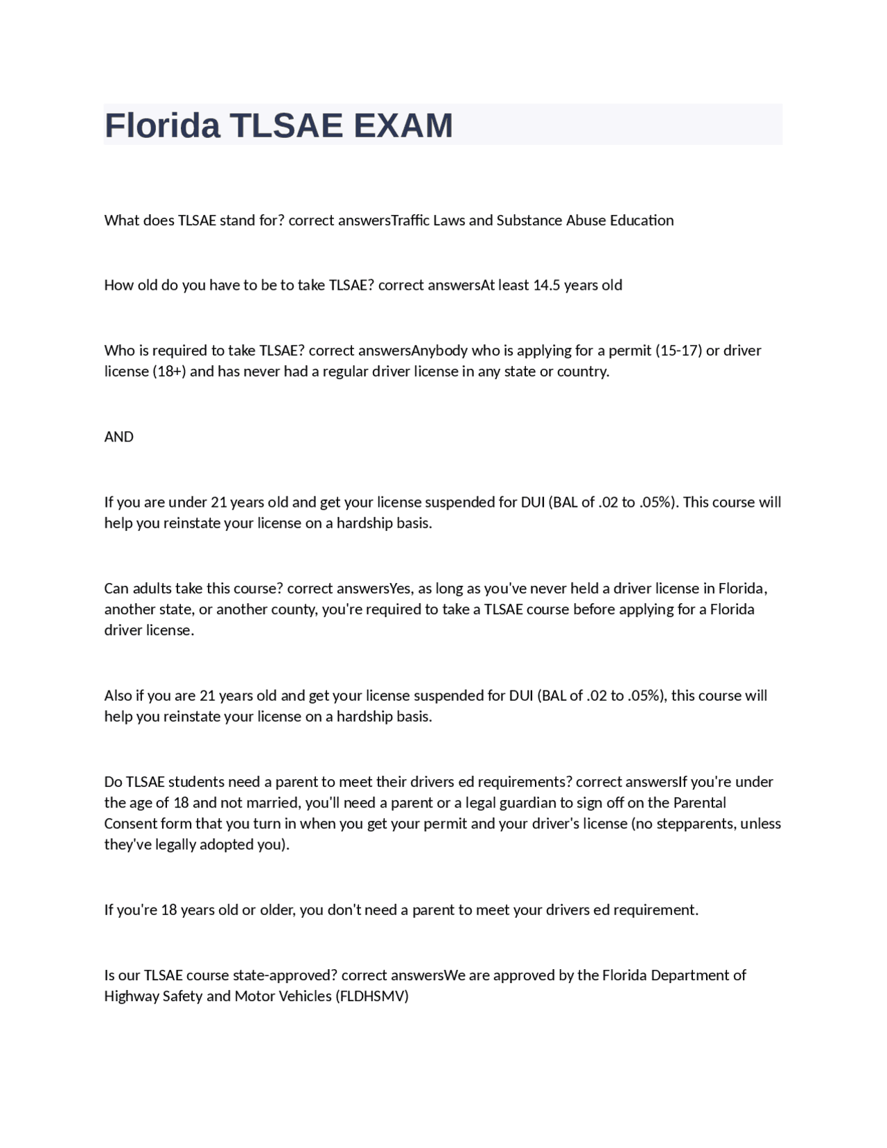 Florida Tlsae Exam 2025 With 100 Correct Answers Exams Nursing Docsity