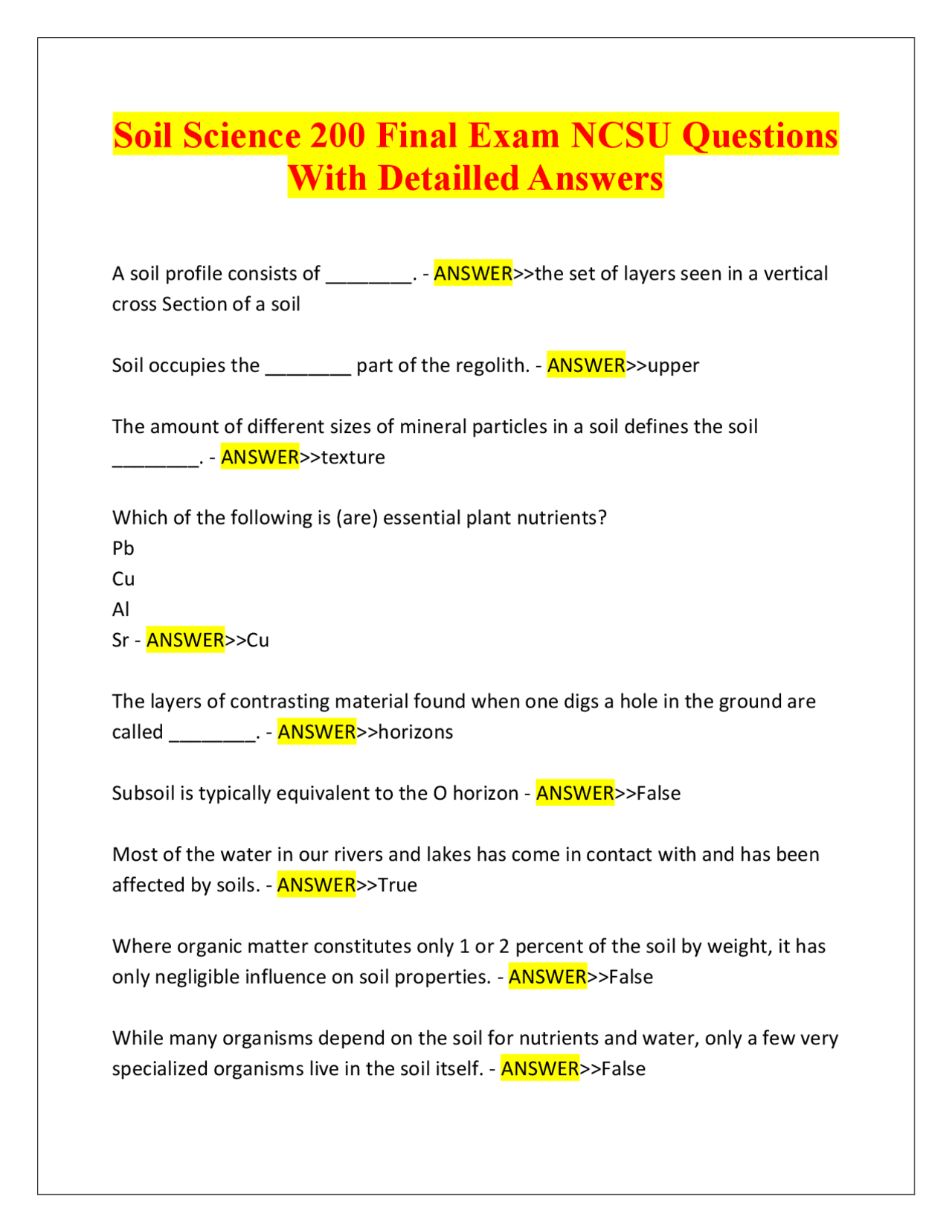 Soil Science 200 Final Exam NCSU Questions and Answers | Exams Nursing ...