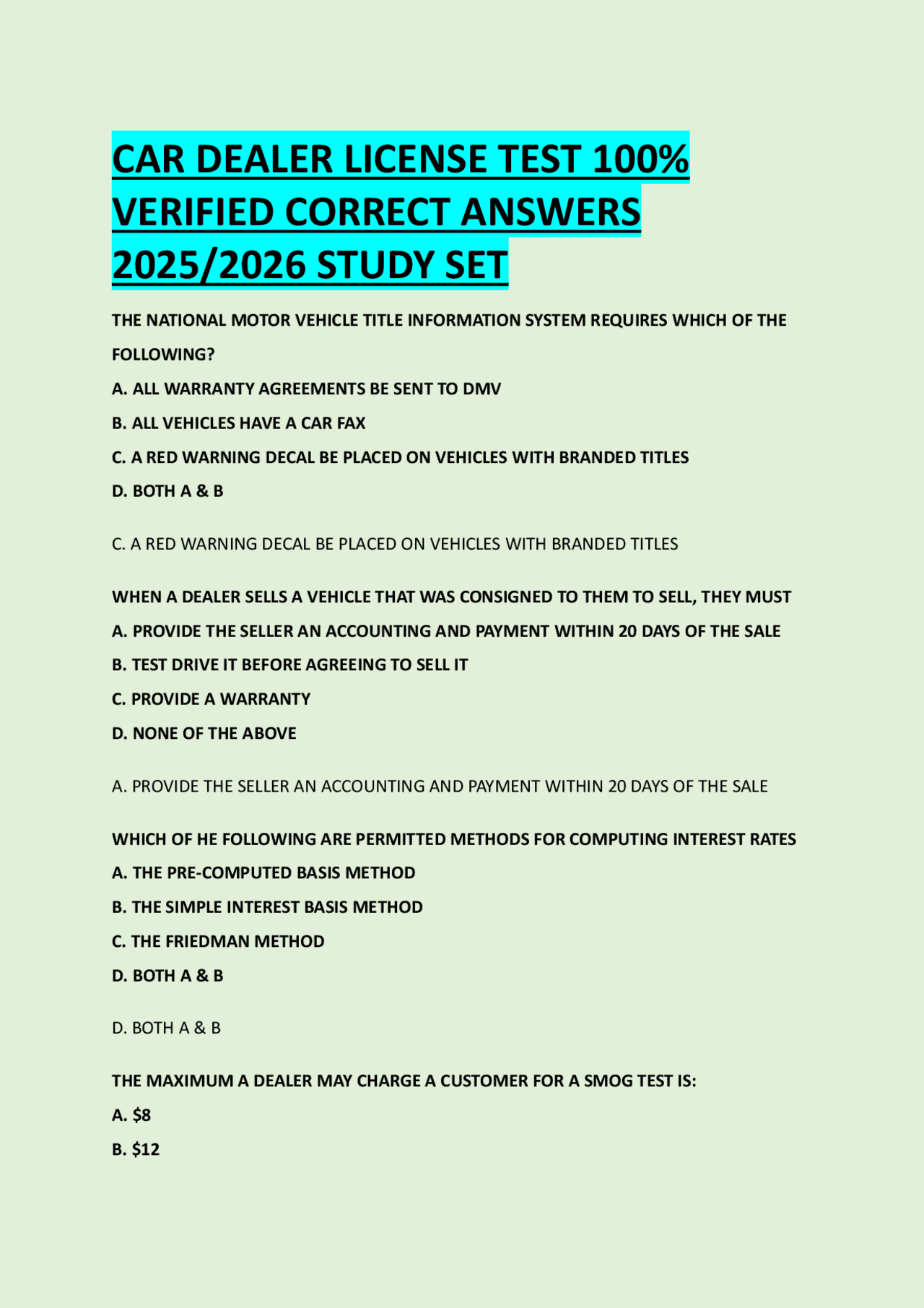 CAR DEALER LICENSE TEST 100% VERIFIED CORRECT ANSWERS 2025/2026 STUDY ...