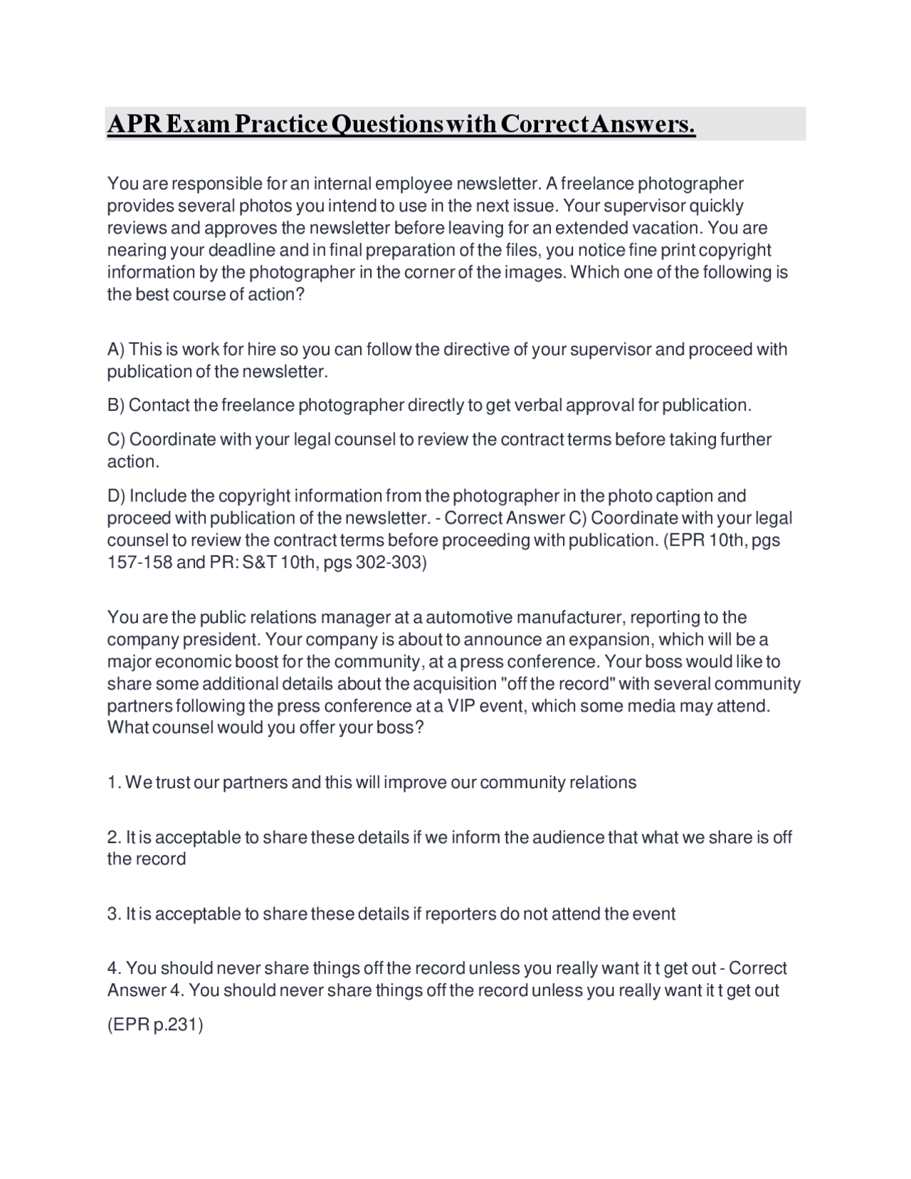 APR Exam Practice Questions with Correct Answers. | Exams Laboratory ...