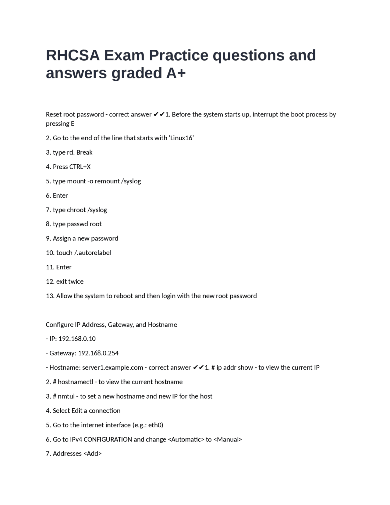 RHCSA Exam Practice Questions and Answers | Exams Nursing | Docsity
