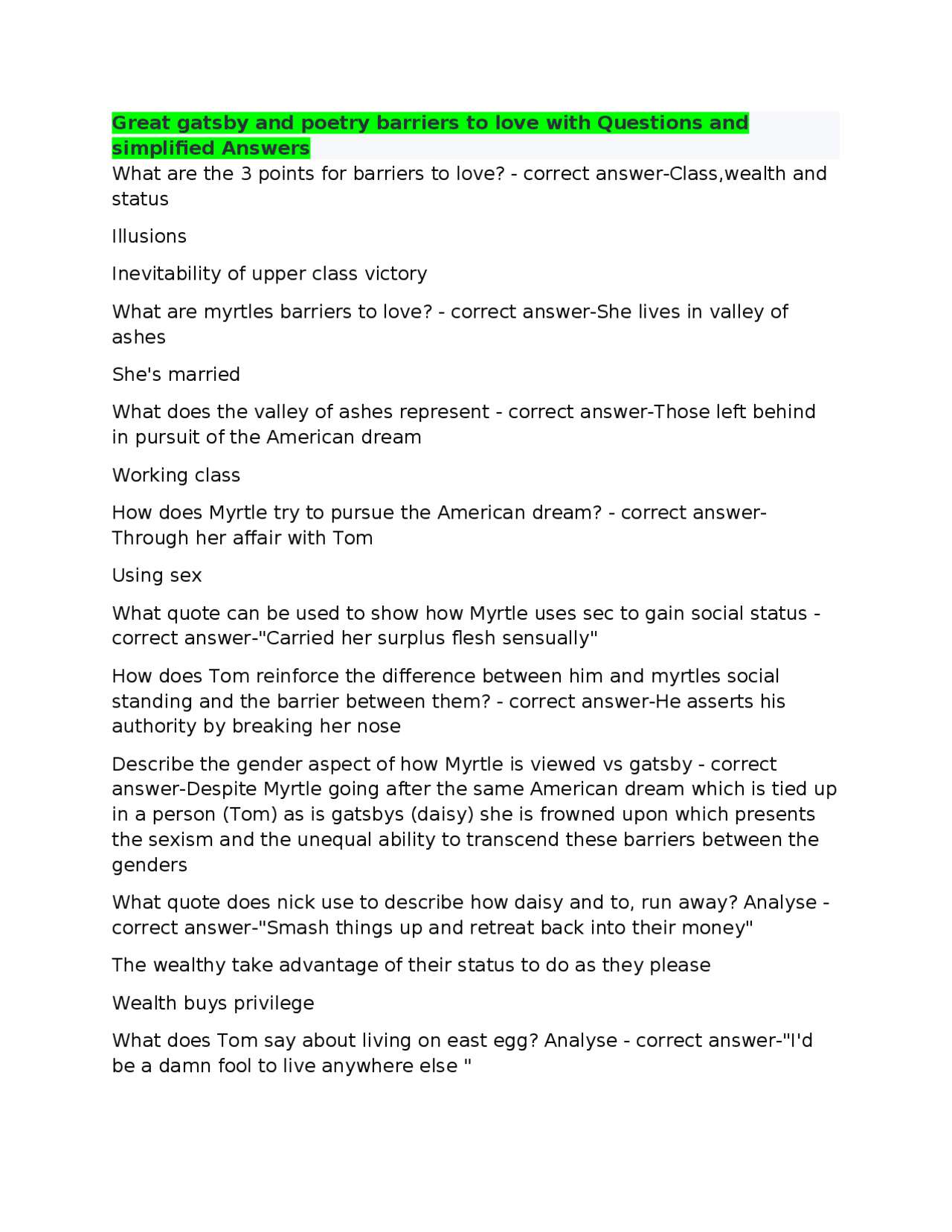 The Great Gatsby and Poetry: Barriers to Love - Questions and Answers ...