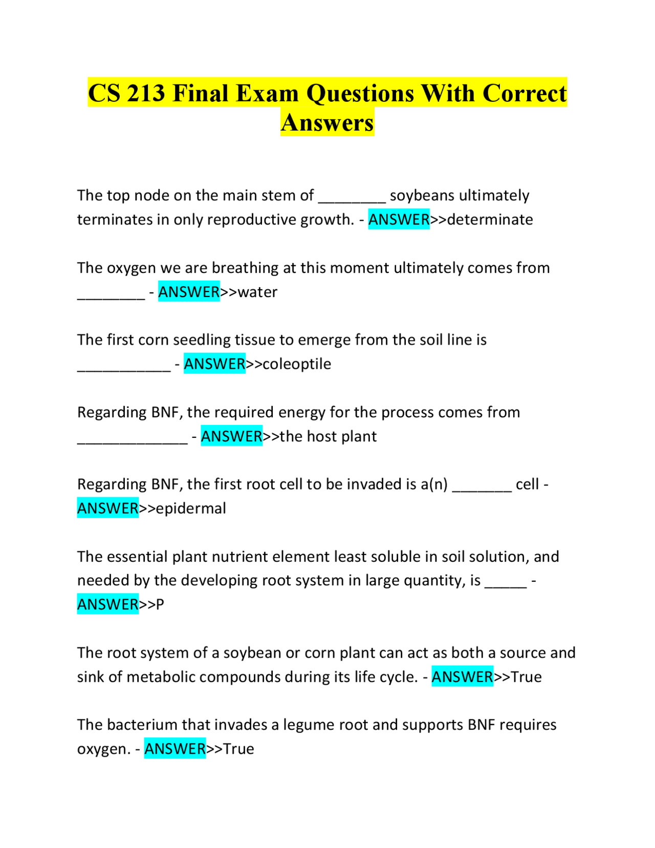 CS 213 Final Exam Questions and Answers: Plant Science | Exams Nursing ...