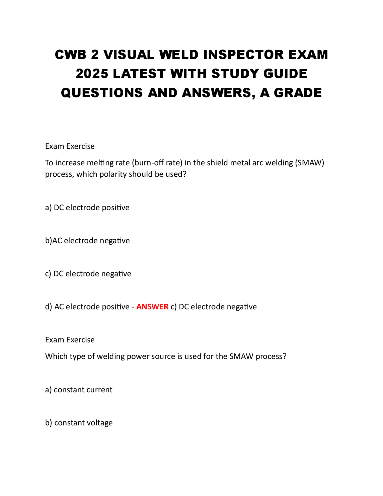 CWB 2 VISUAL WELD INSPECTOR EXAM 2025 LATEST WITH STUDY GUIDE QUESTIONS ...