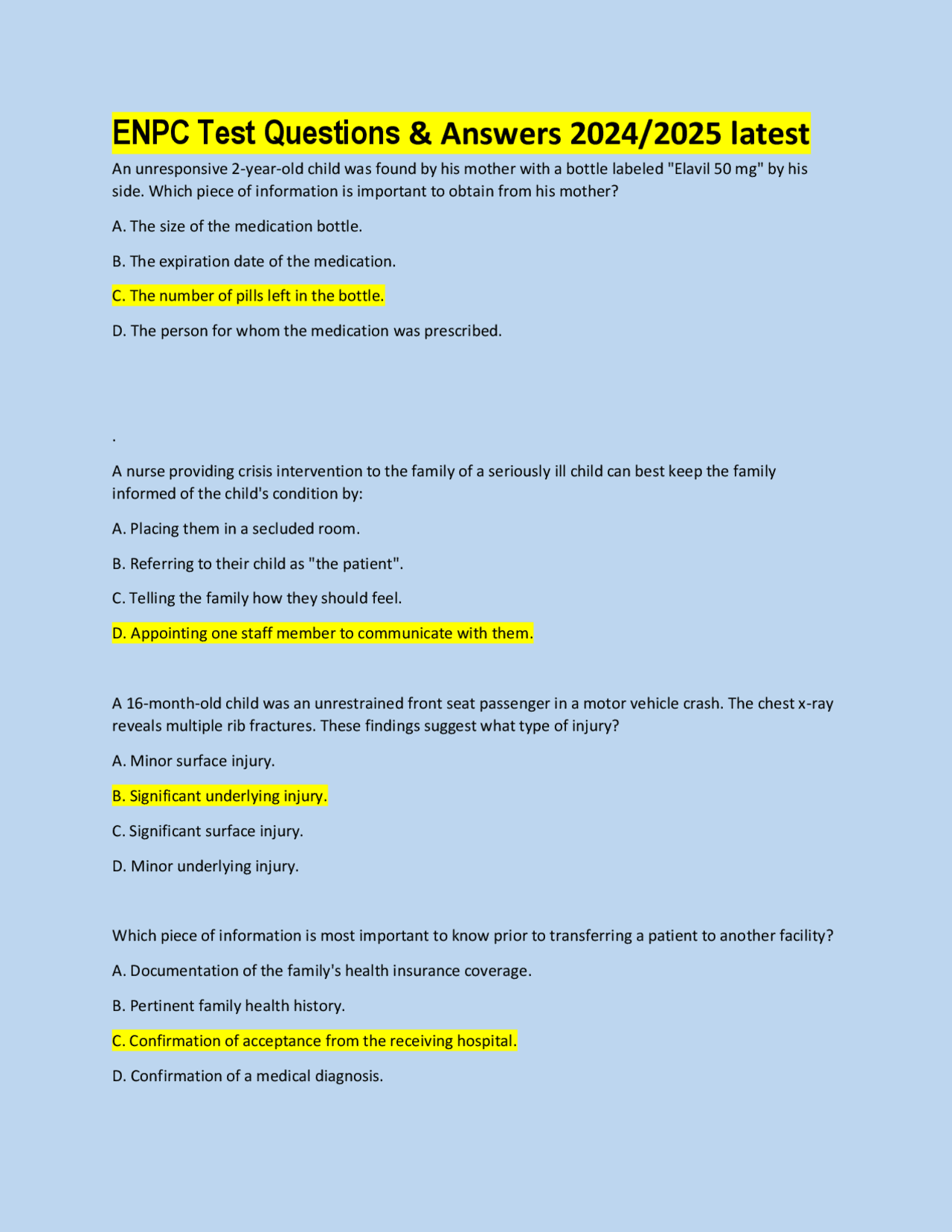 ENPC Test Questions & Answers 2024/2025: Pediatric Emergency Care ...