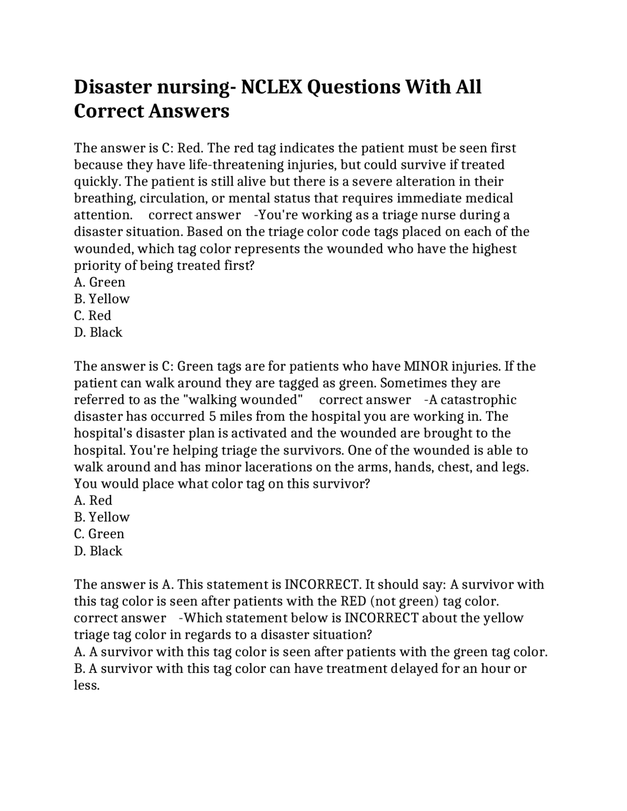Disaster Nursing: NCLEX Questions and Answers | Exams Nursing | Docsity