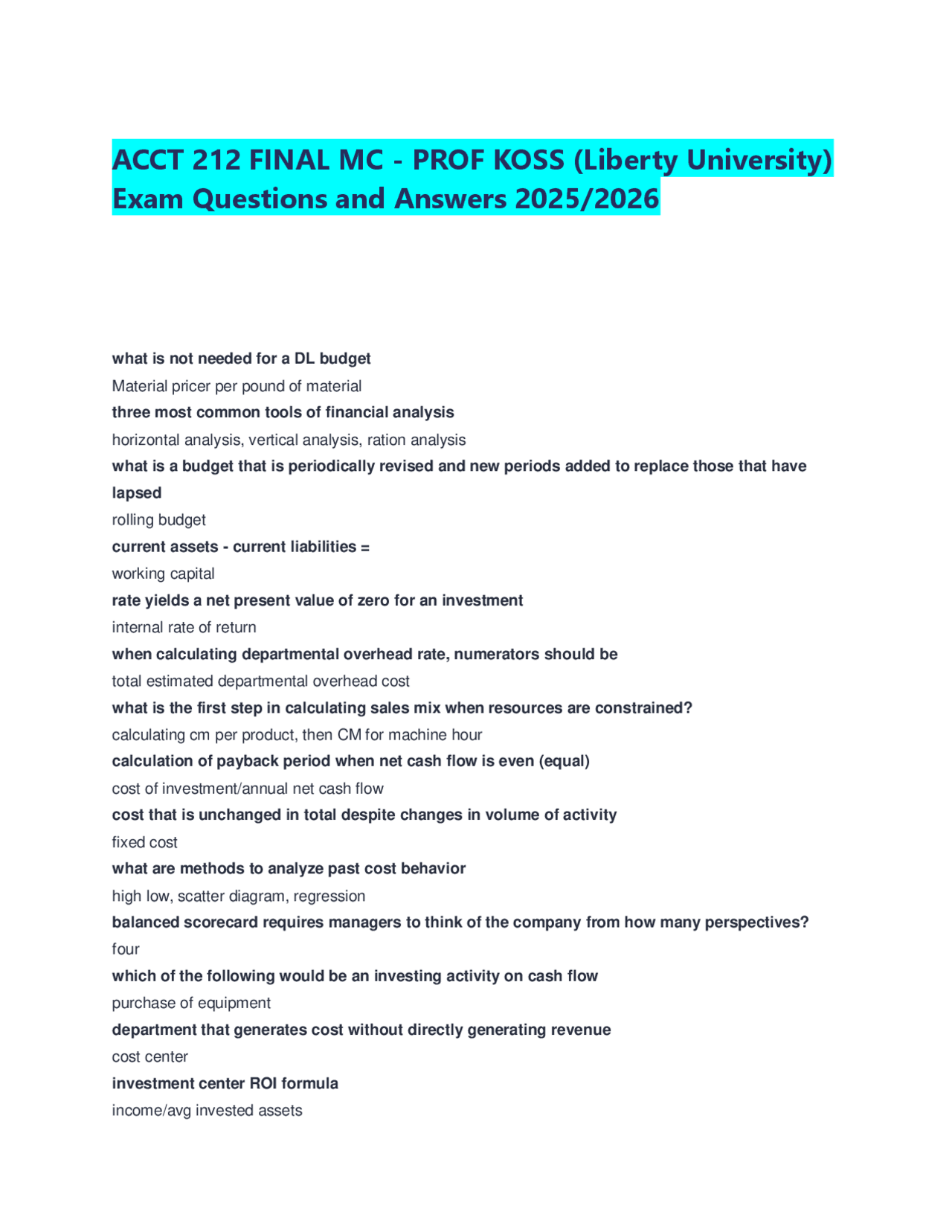 Acct 212 Final Exam Mc Questions And Answers A Comprehensive Review Of