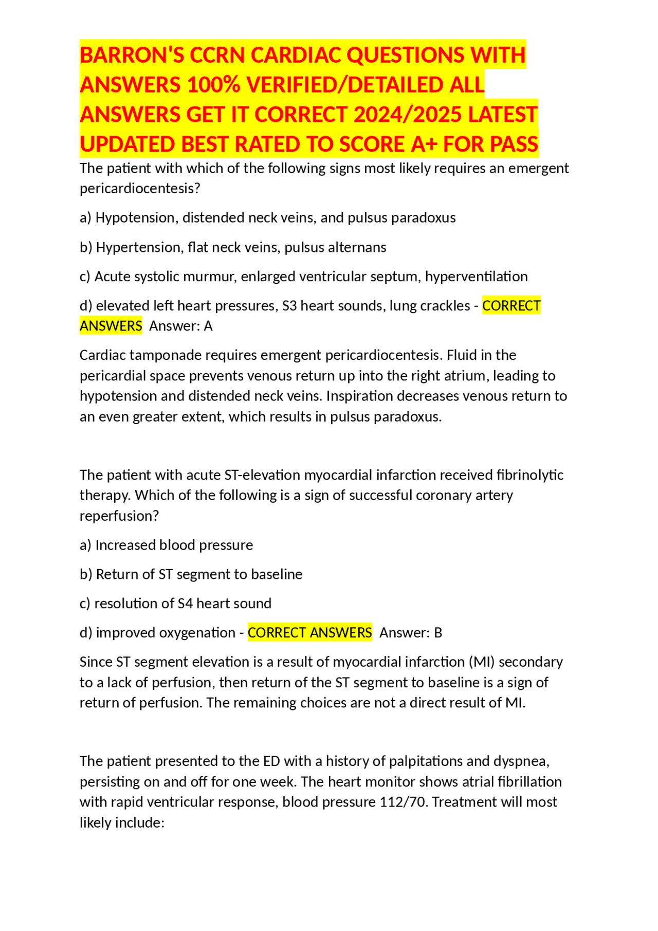 BARRON'S CCRN CARDIAC QUESTIONS WITH ANSWERS 100% VERIFIED/DETAILED ALL ...