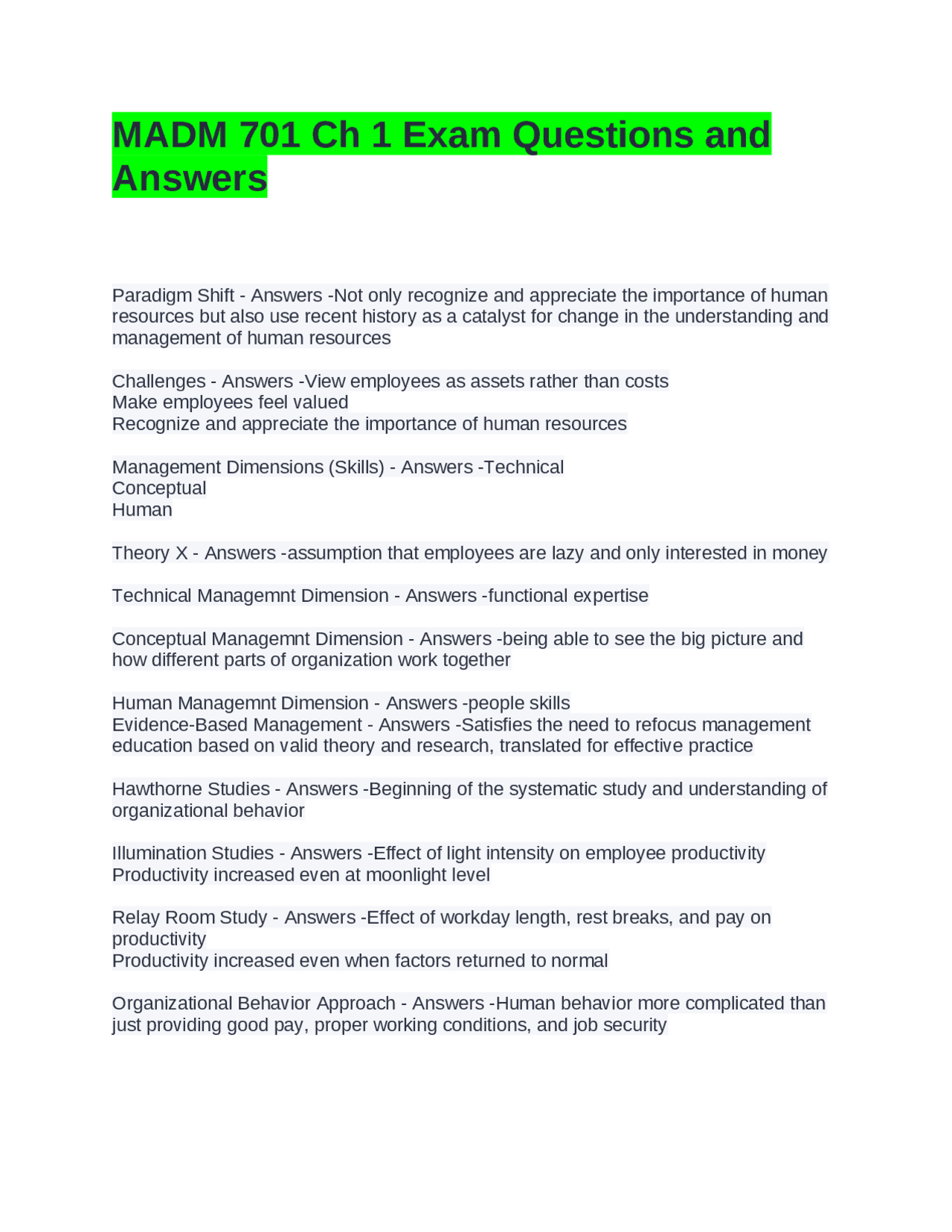 MADM 701 Chapter 1 Exam Questions and Answers: A Guide to Human ...