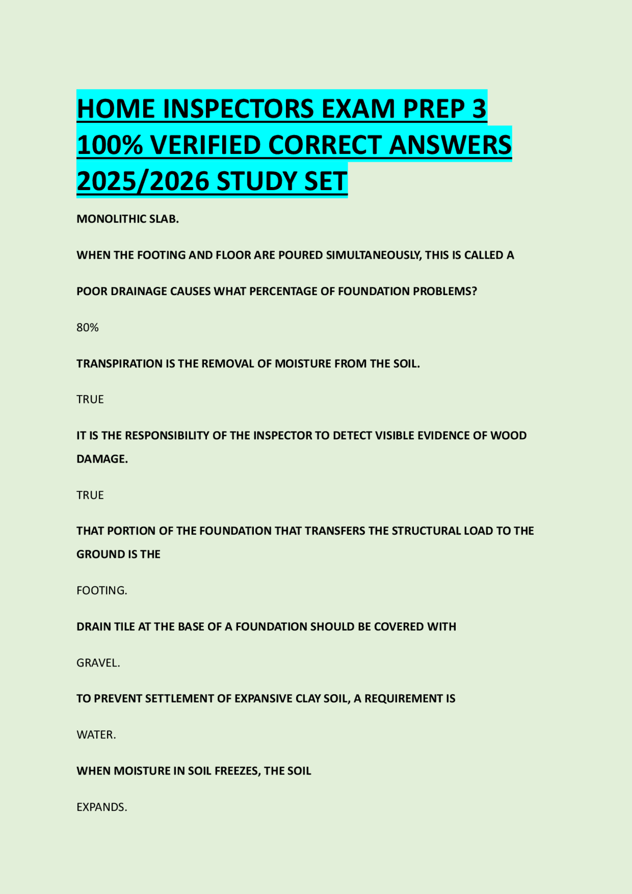 HOME INSPECTORS EXAM PREP 3 100% VERIFIED CORRECT ANSWERS 2025/2026 ...