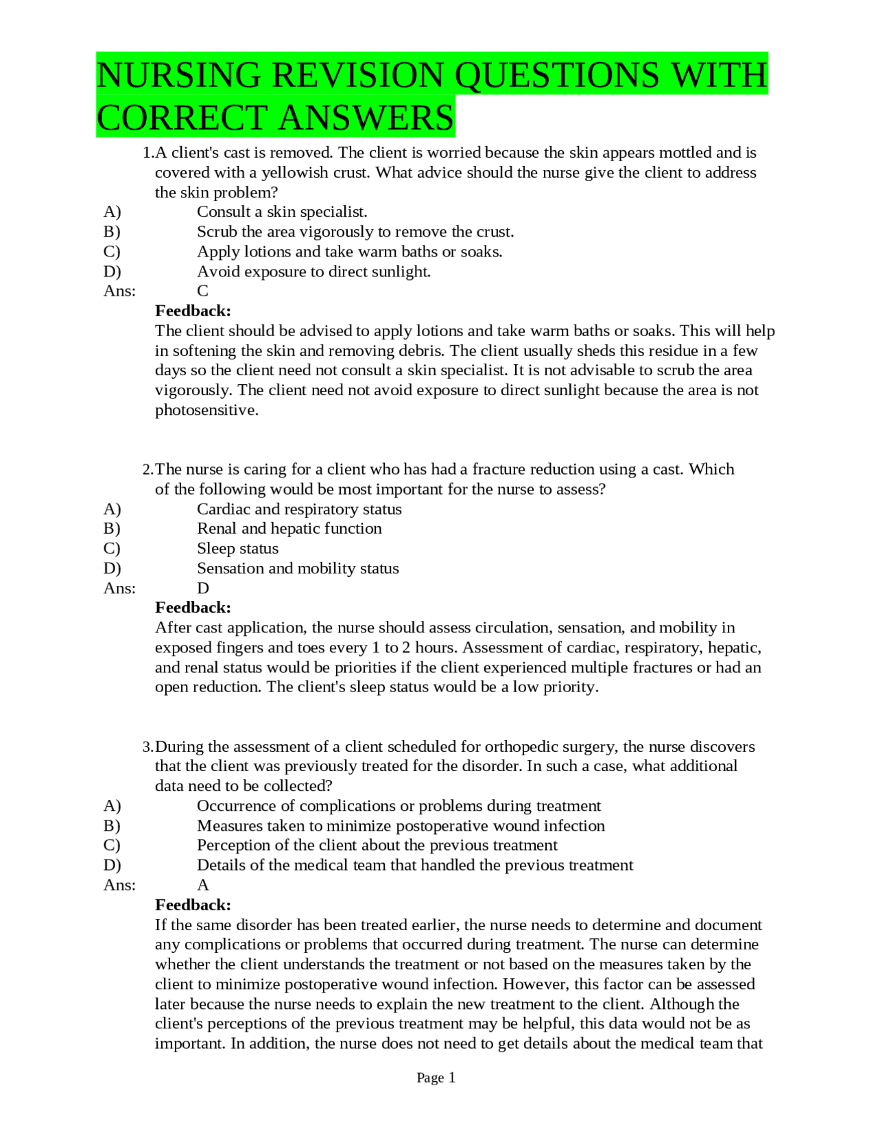 NURSING REVISION QUESTIONS WITH CORRECT ANSWERS | Exams Nursing | Docsity