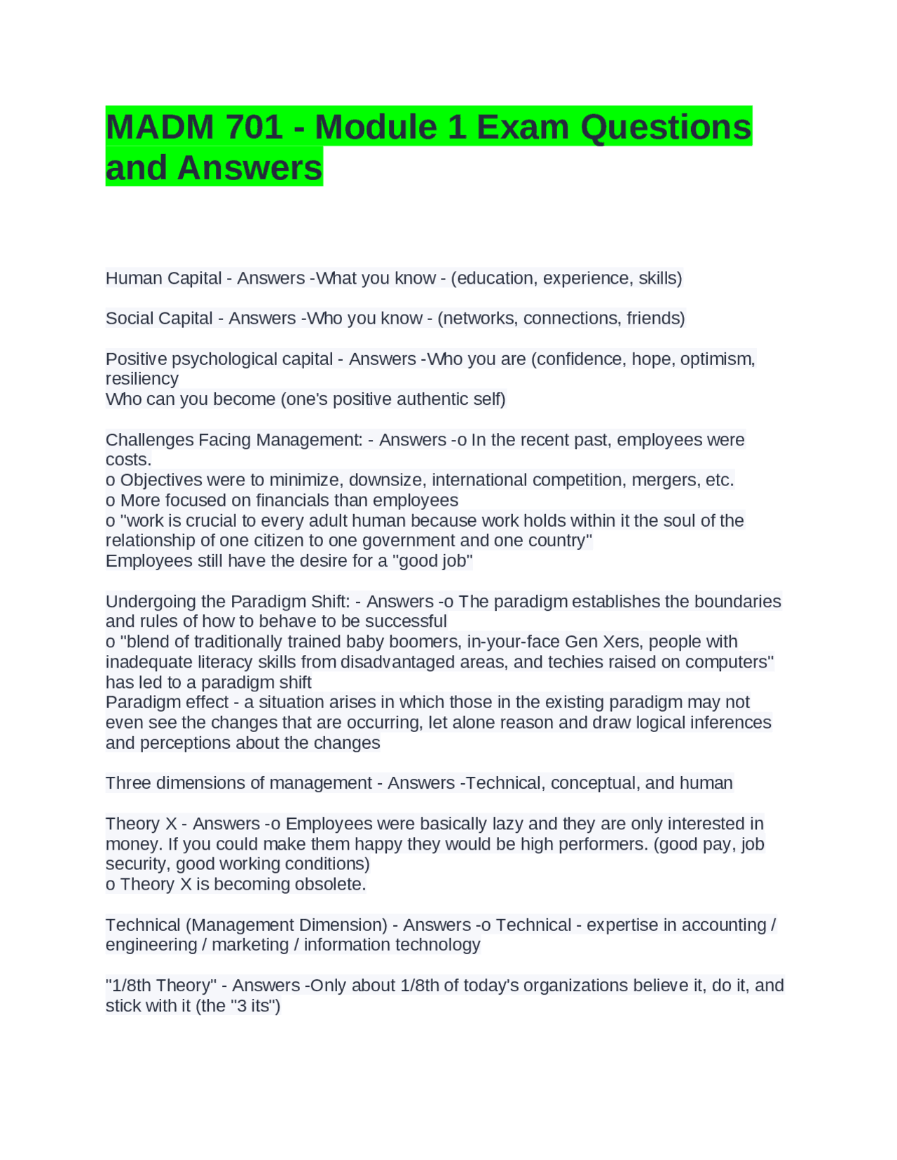 MADM 701 - Module 1 Exam Questions and Answers: Organizational Behavior ...