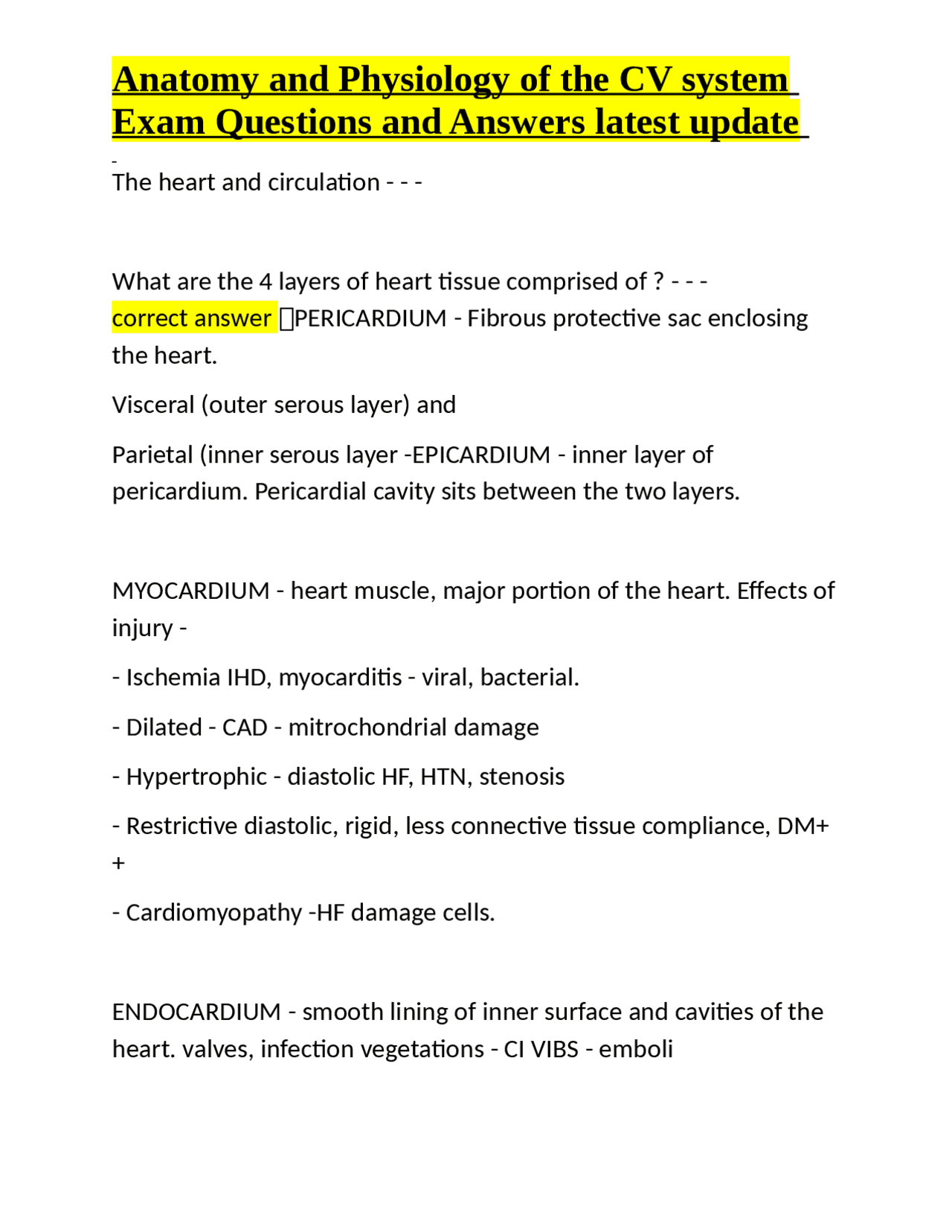 Anatomy and Physiology of the Cardiovascular System: Exam Questions and ...