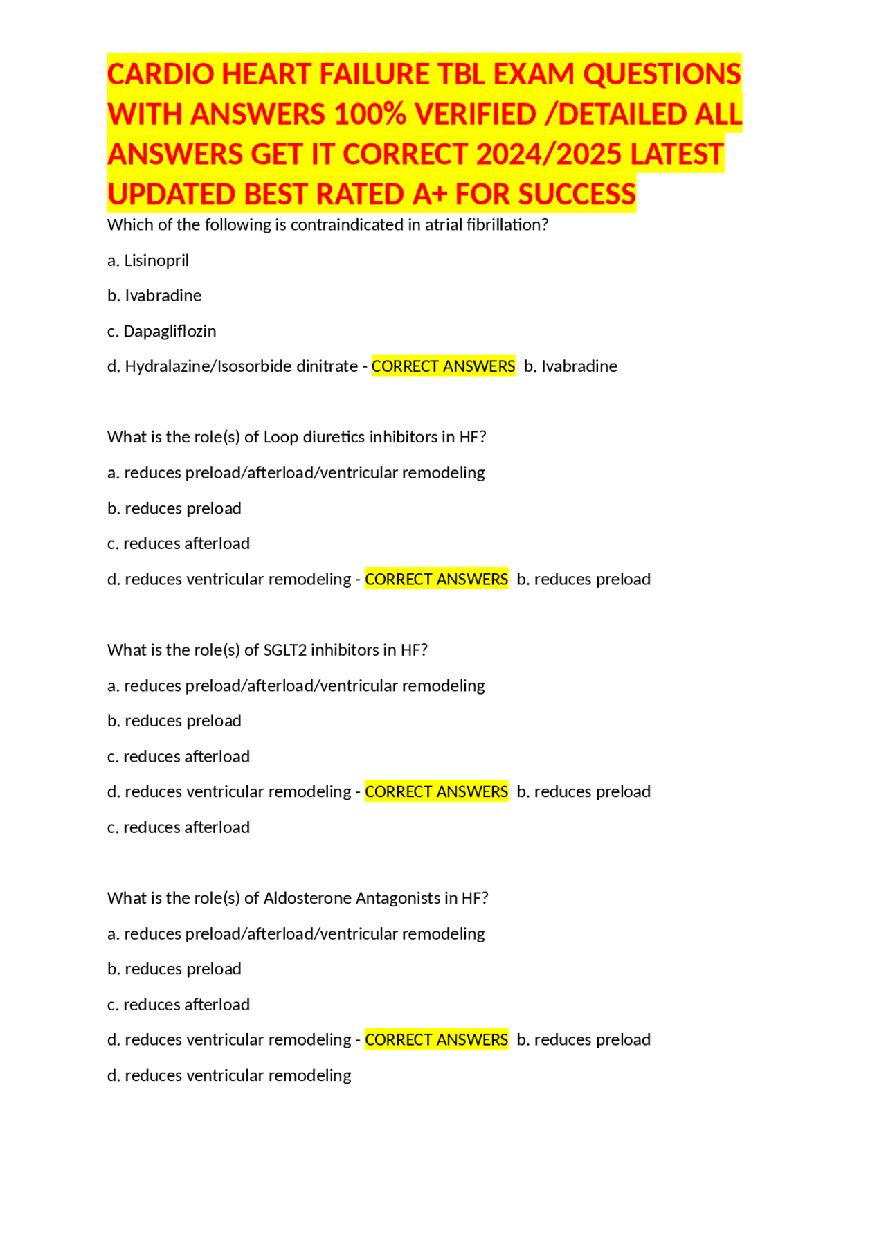 Cardiovascular Pharmacology: Heart Failure Exam Questions and Answers ...