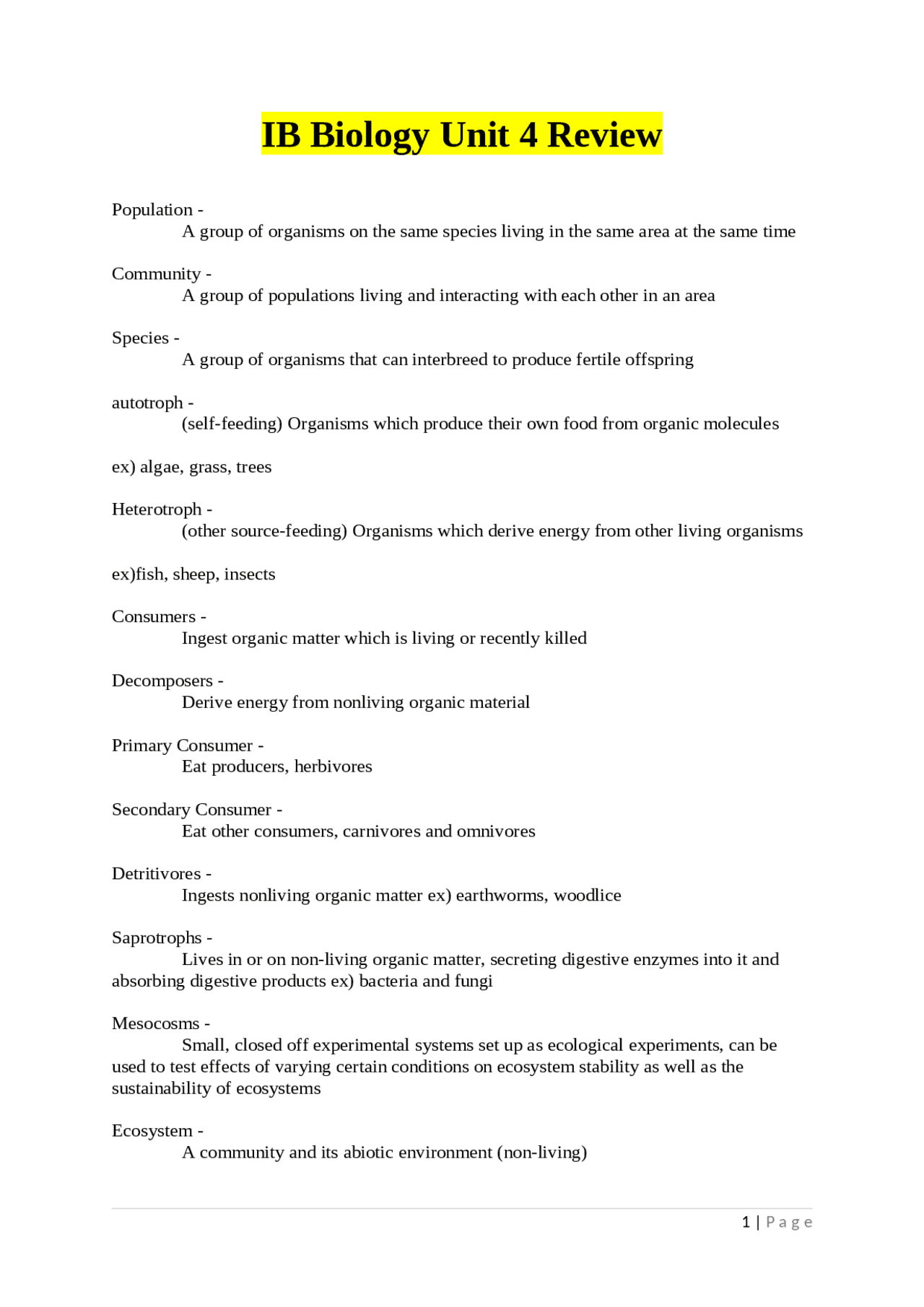 IB Biology Unit 4 Review: Population Ecology, Ecosystems, and ...