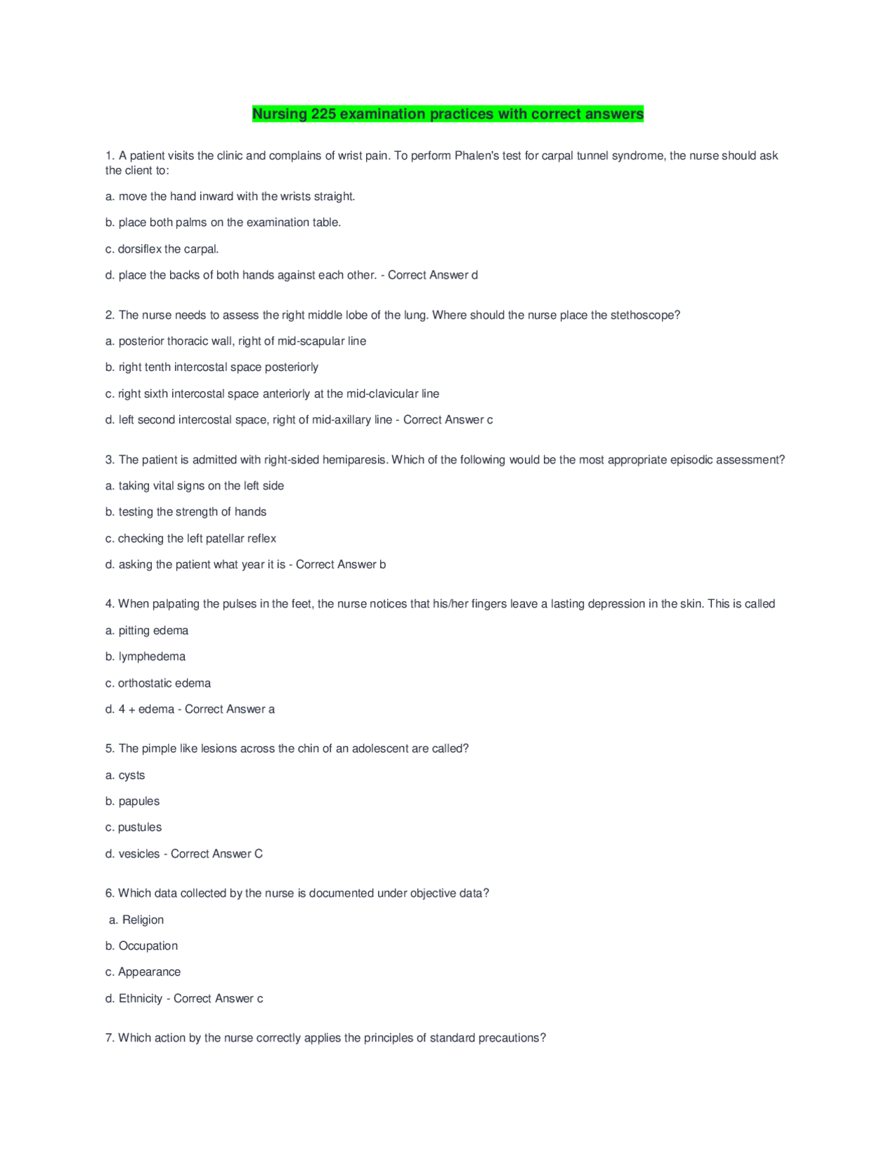 Nursing 225 Examination Practices: Multiple Choice Questions and ...