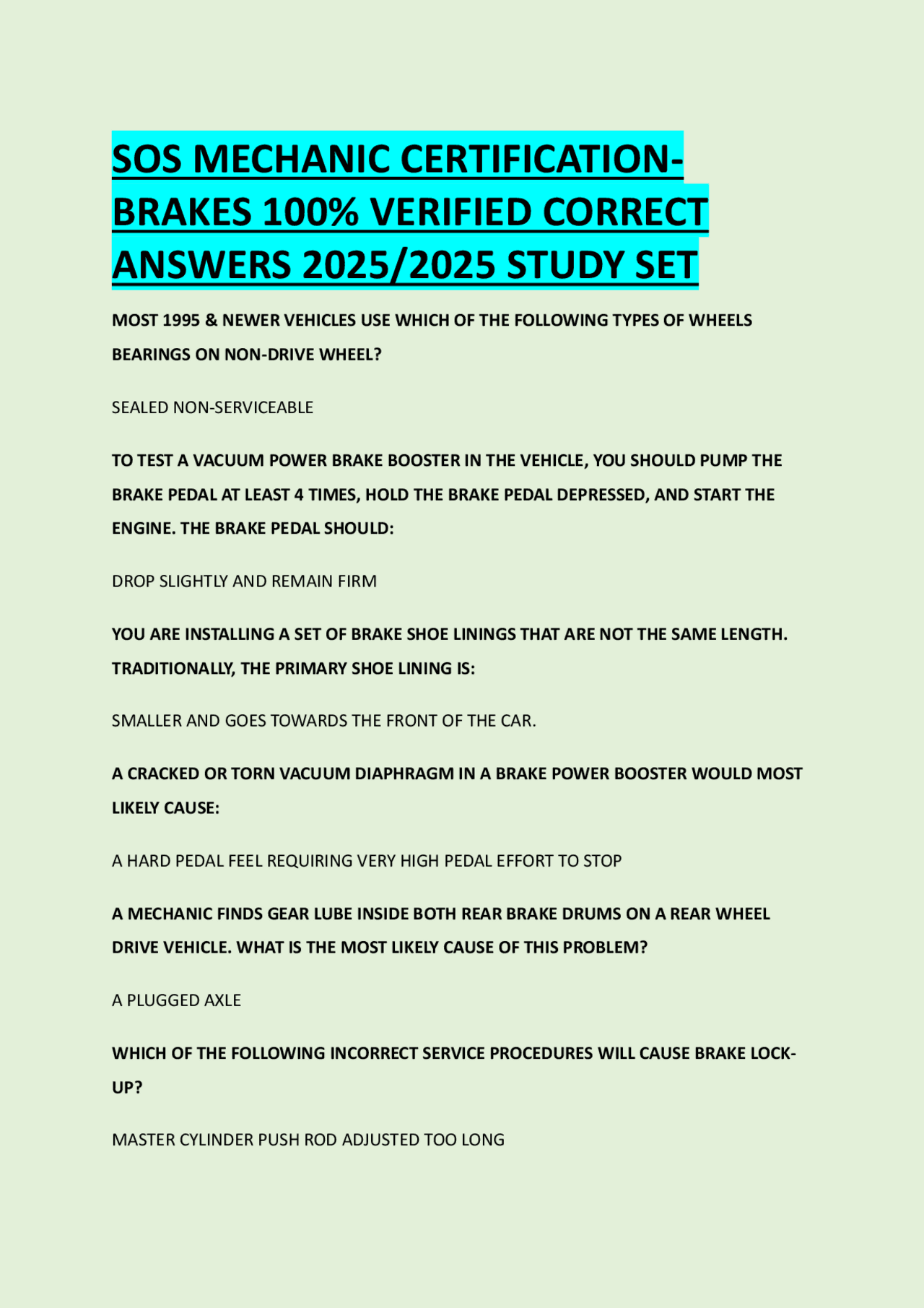 SOS MECHANIC CERTIFICATION BRAKES 100% VERIFIED CORRECT ANSWERS 2025/ ...