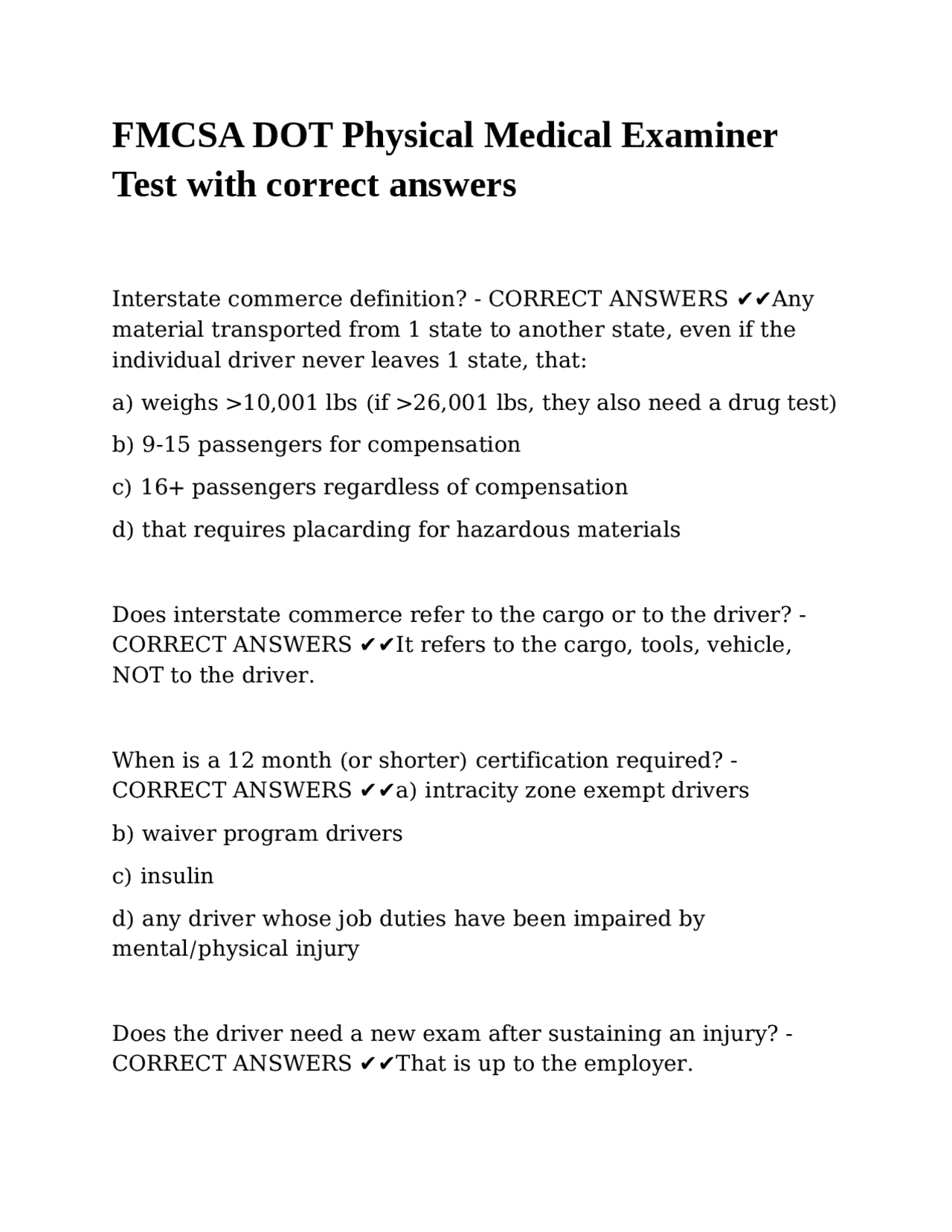 FMCSA DOT Physical Medical Examiner Test with Correct Answers | Exams ...