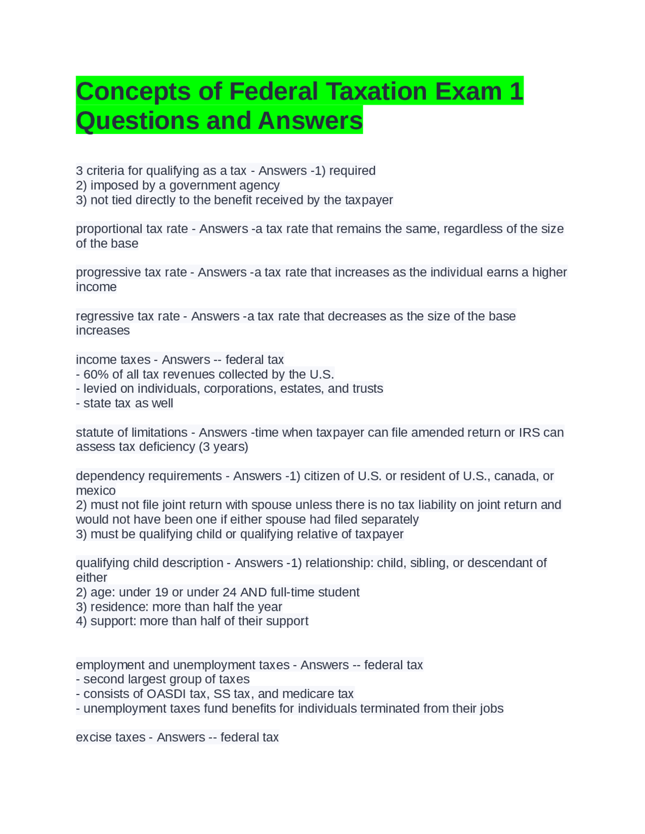 Concepts of Federal Taxation Exam 1: Questions and Answers | Exams ...