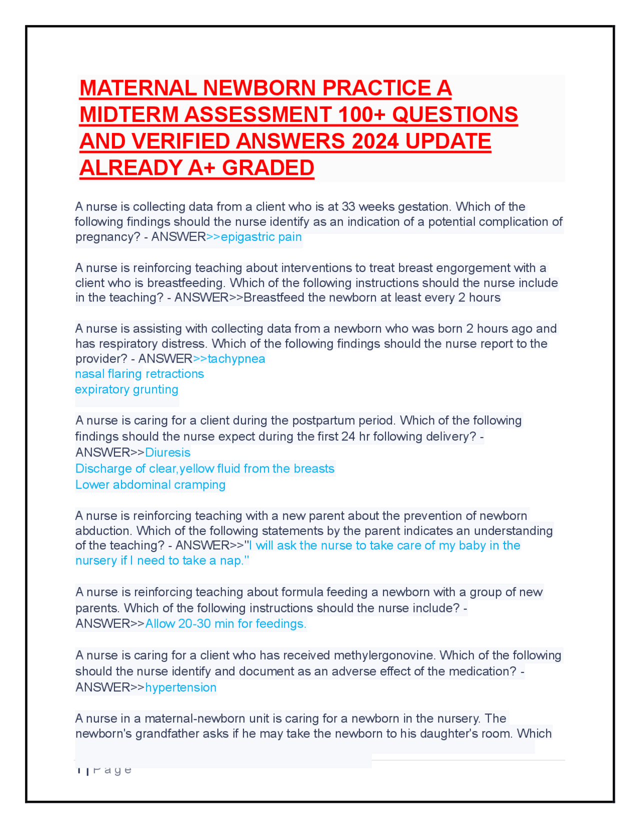 Maternal Newborn Practice A: Midterm Assessment 2024 | Exams Nursing | Docsity