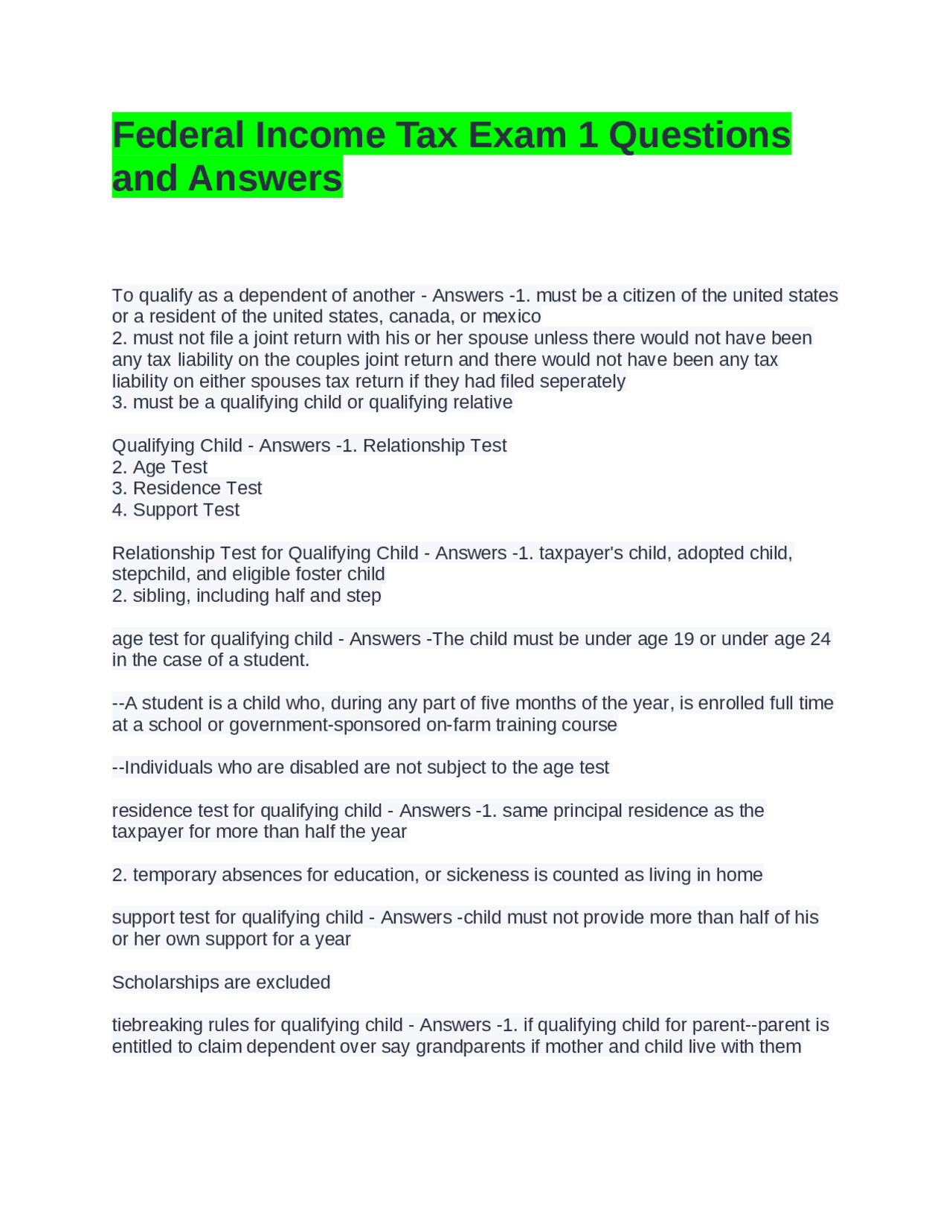 Federal Income Tax Exam 1: Dependents, Filing Status, and Concepts ...