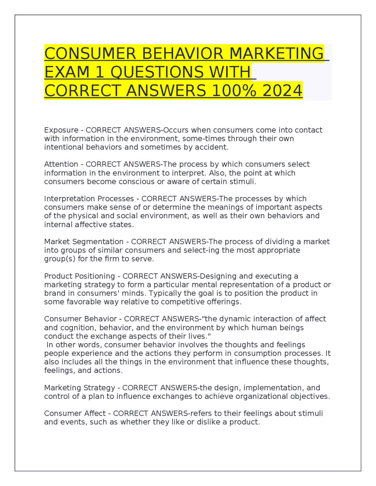 CONSUMER BEHAVIOR MARKETING EXAM 1 QUESTIONS WITH CORRECT ANSWERS 100% ...