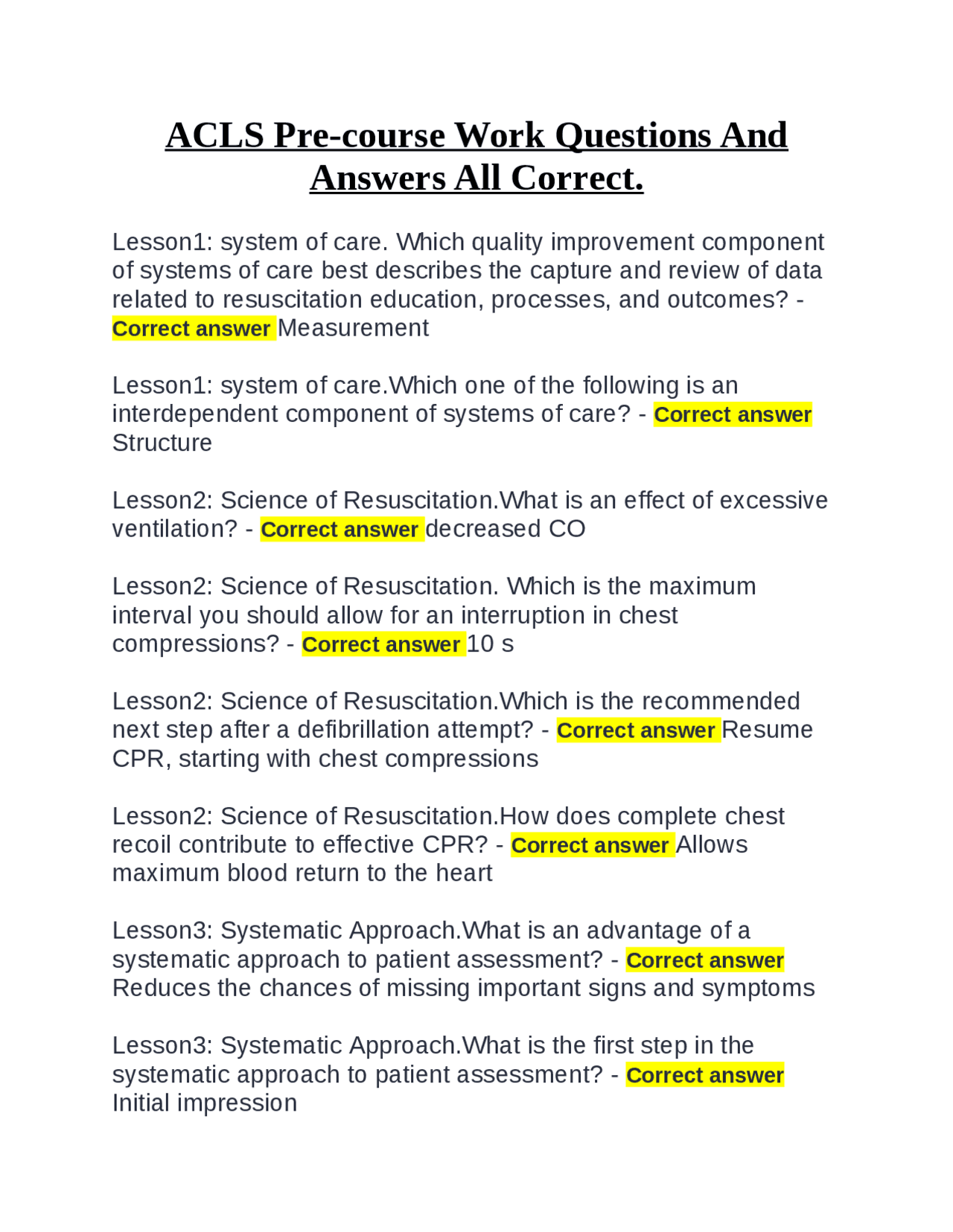 ACLS Pre-Course Questions & Answers: Resuscitation Education Guide ...