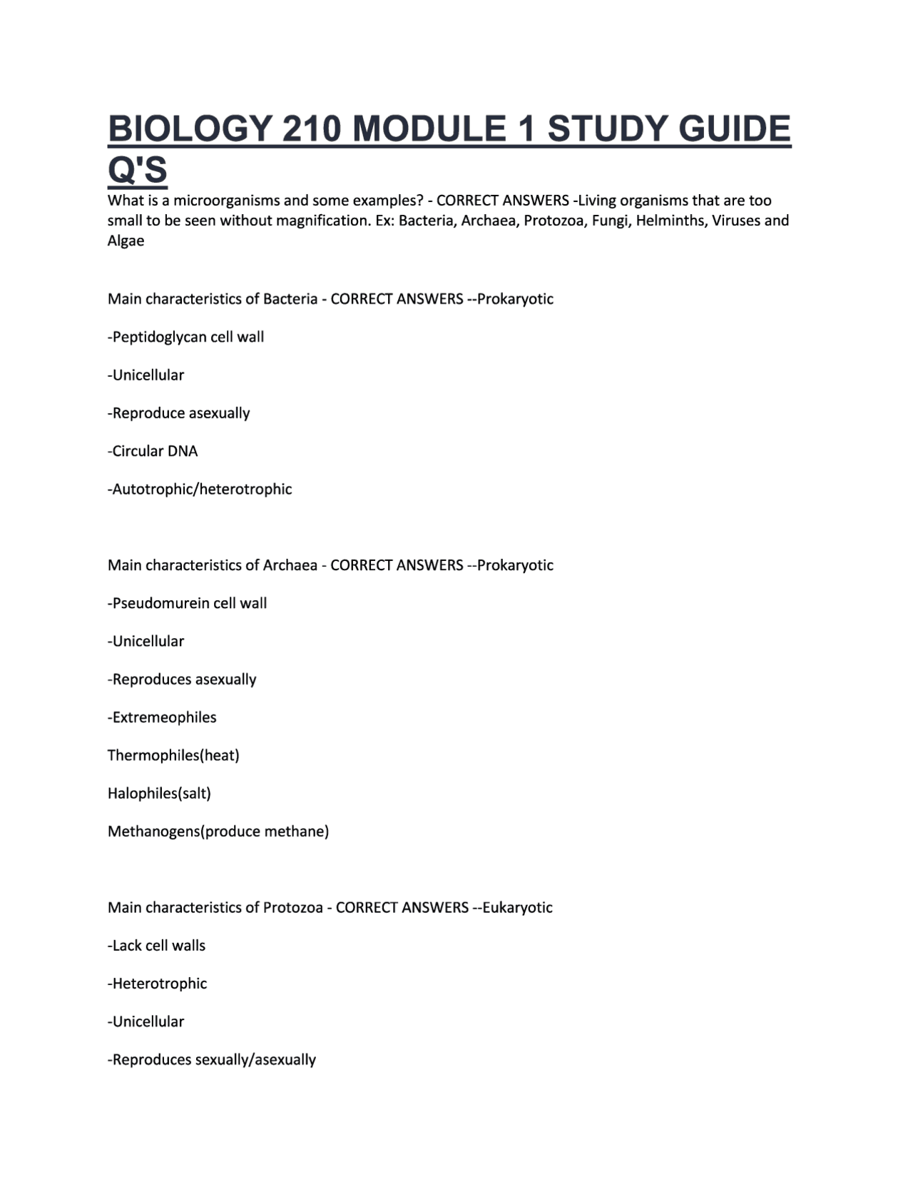 BIOLOGY 210 MODULE 1 STUDY GUIDE Q'S. | Exams Nursing | Docsity