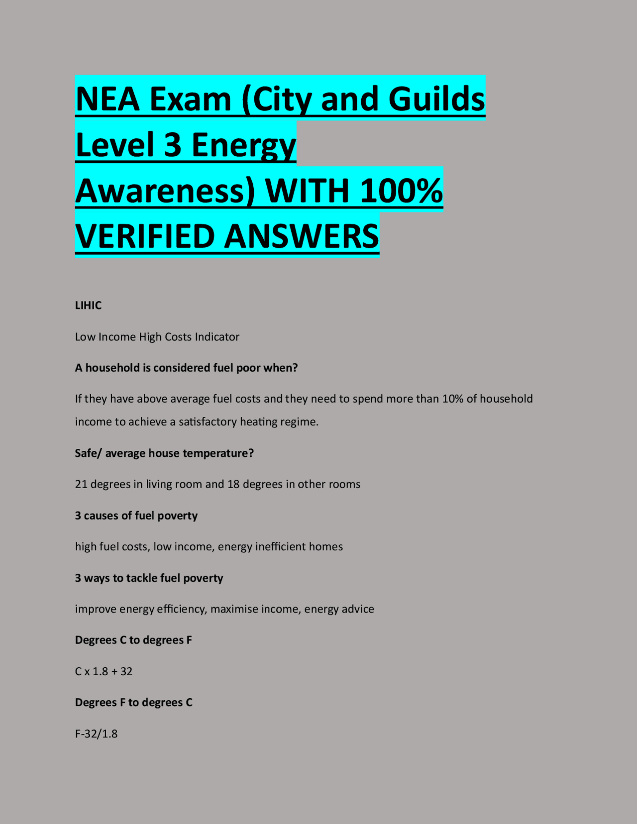 NEA Exam (City and Guilds Level 3 Energy Awareness) WITH 100% VERIFIED ...