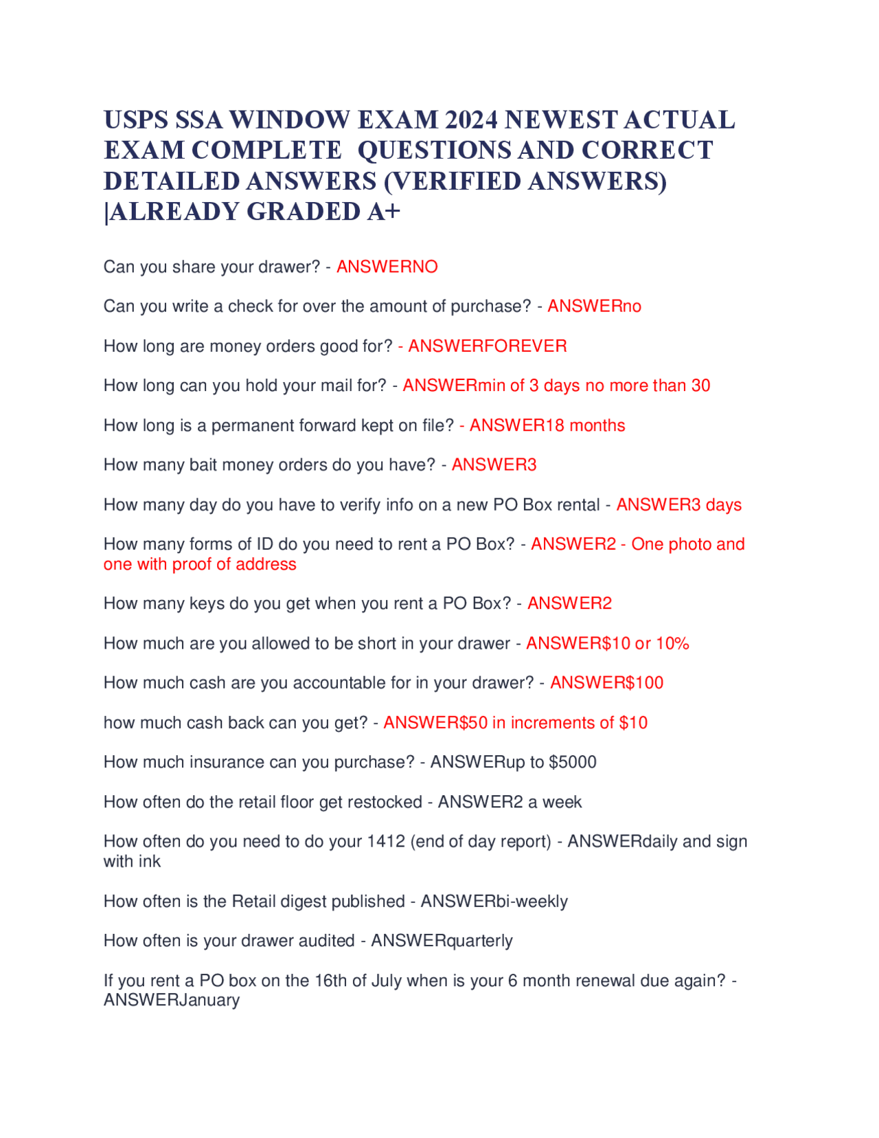 USPS SSA WINDOW EXAM 2024 NEWEST ACTUAL EXAM COMPLETE QUESTIONS AND ...