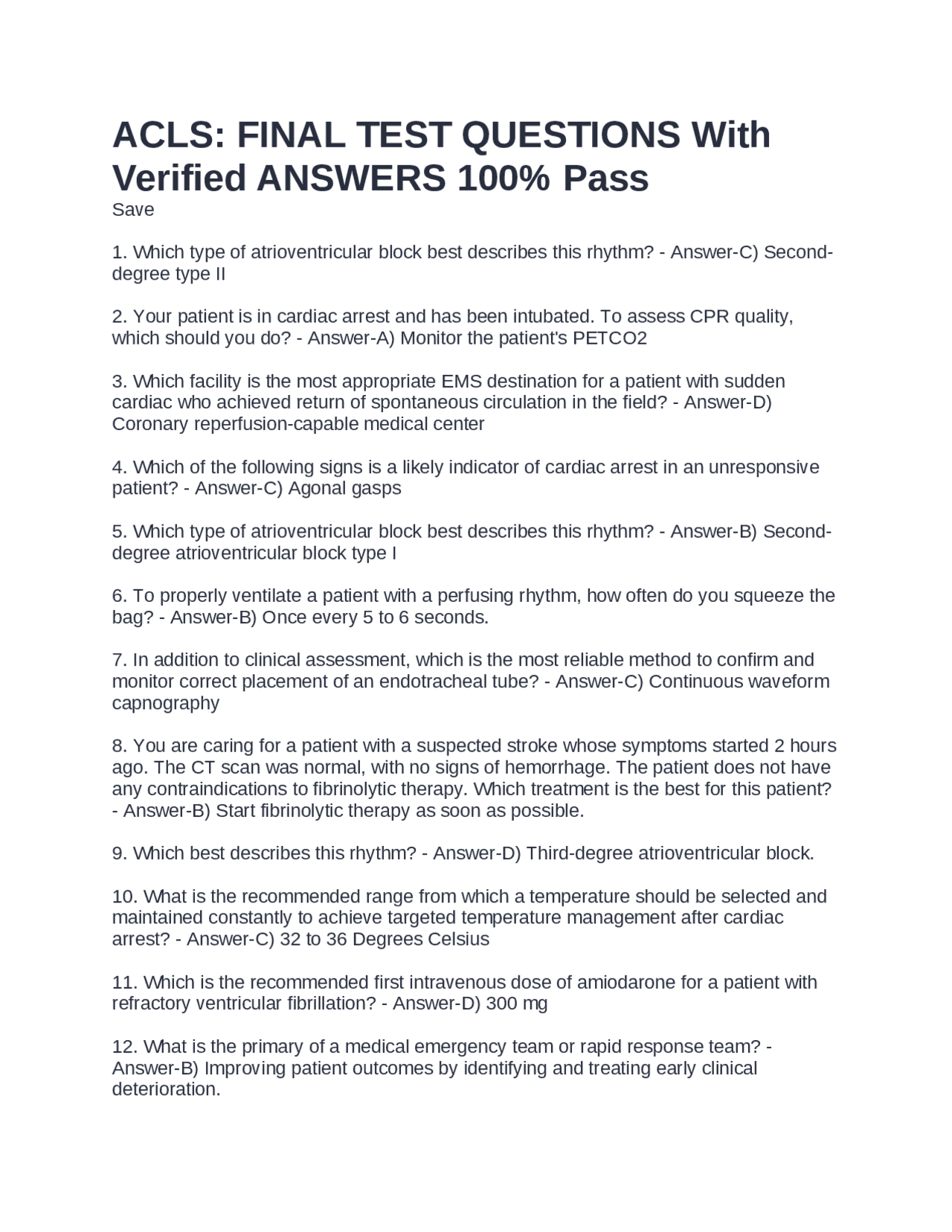 ACLS: FINAL TEST QUESTIONS With Verified ANSWERS 100% Pass | Exams ...