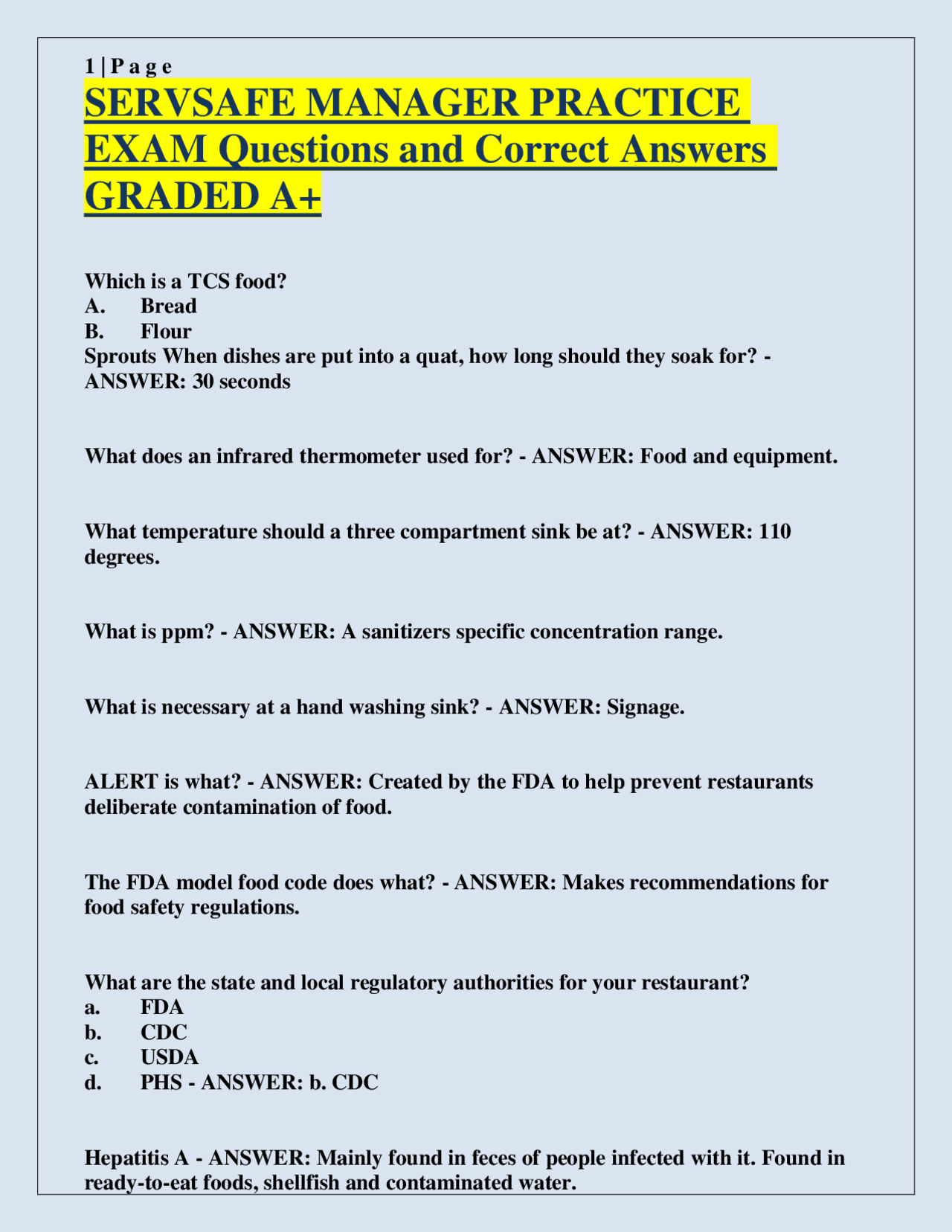 ServSafe Manager Practice Exam Questions and Answers | Exams Nursing ...