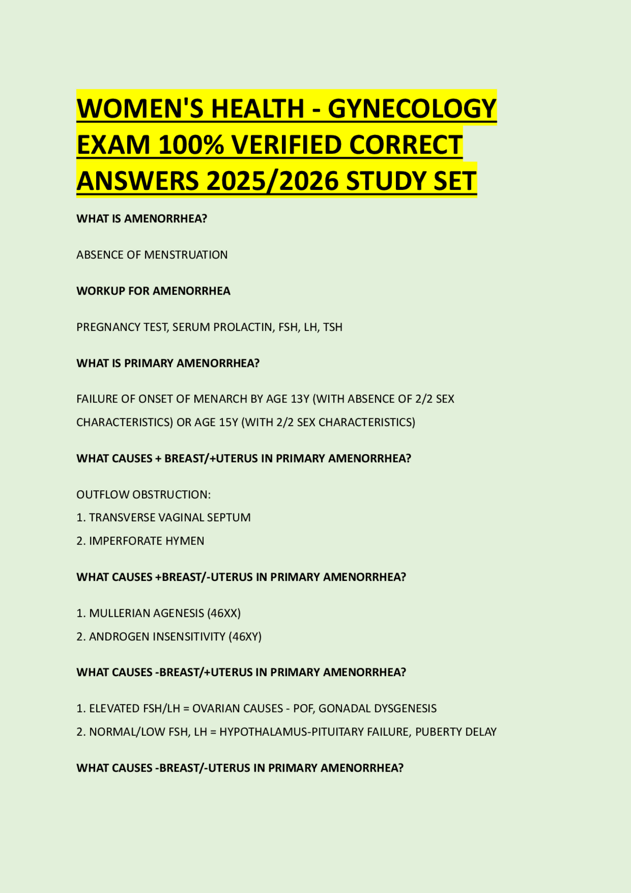 WOMEN'S HEALTH - GYNECOLOGY EXAM 100% VERIFIED CORRECT ANSWERS 2025/ ...