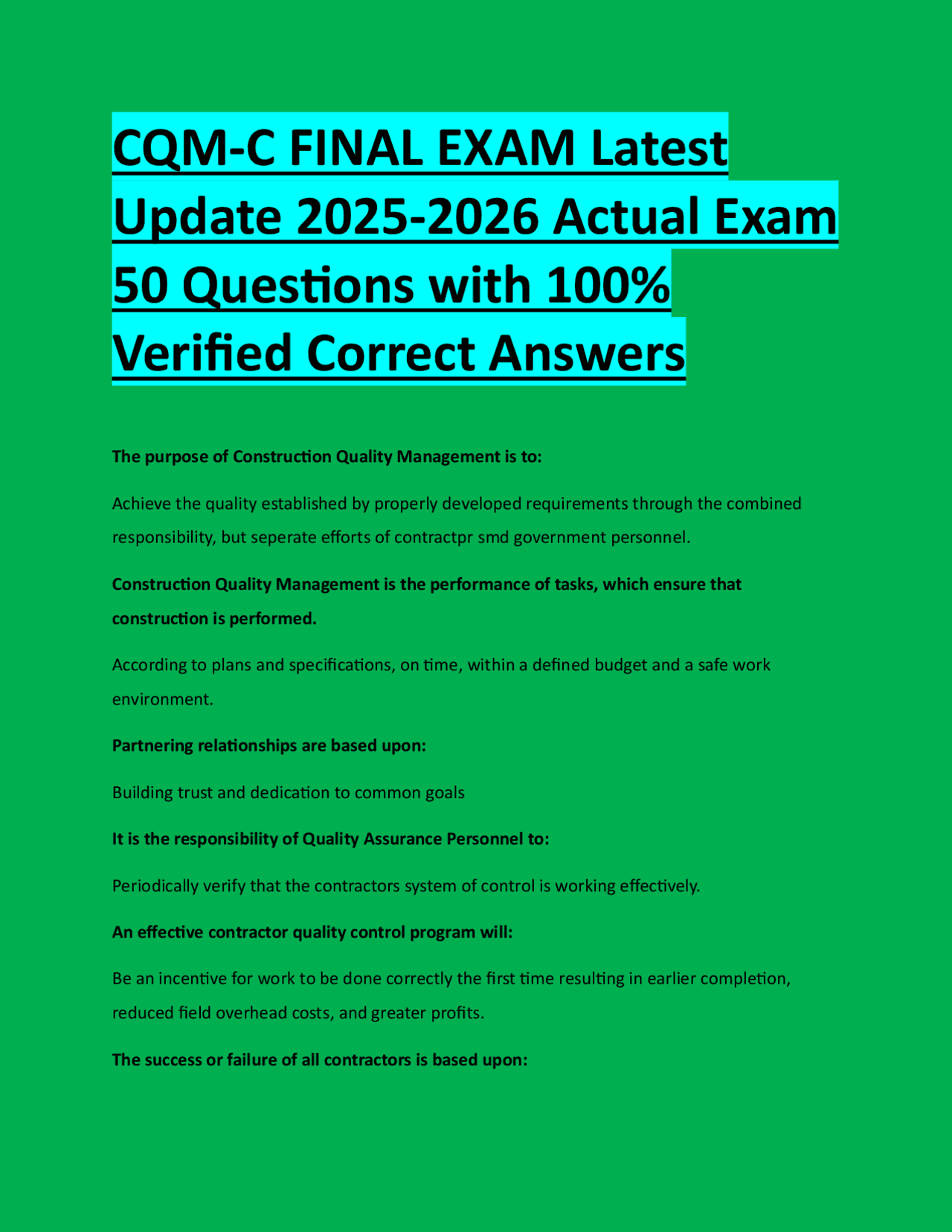CQM-C FINAL EXAM Latest Update 2025-2026 Actual Exam 50 Questions with ...