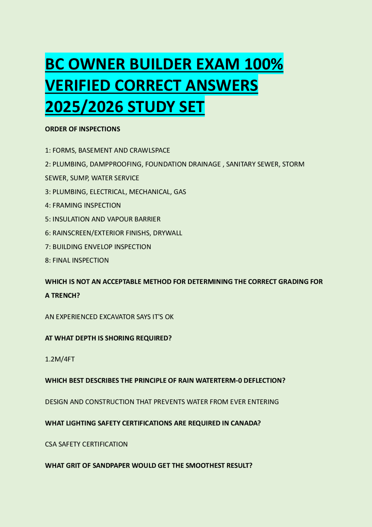 BC OWNER BUILDER EXAM 100% VERIFIED CORRECT ANSWERS 2025/2026 STUDY SET ...