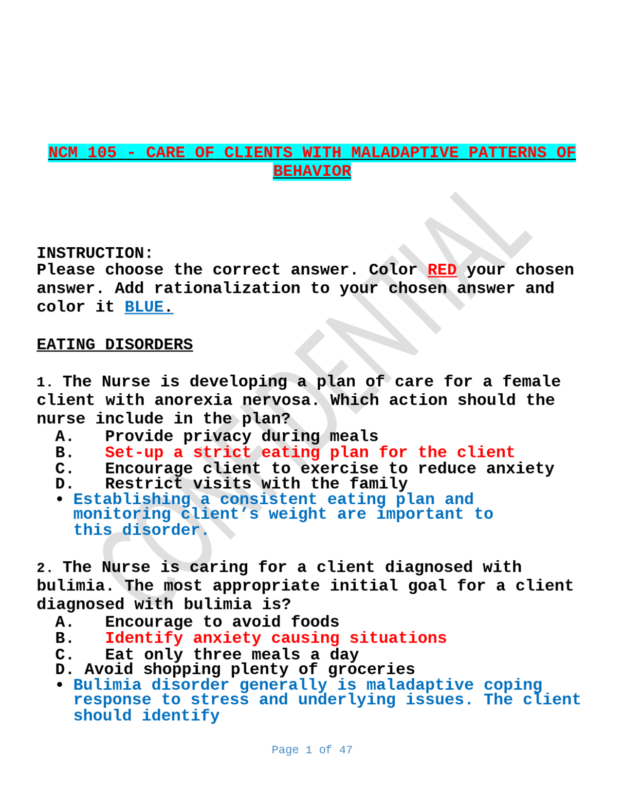 Ncm 105 Care Of Clients With Maladaptive Patterns Of Behavior Exams Nursing Docsity