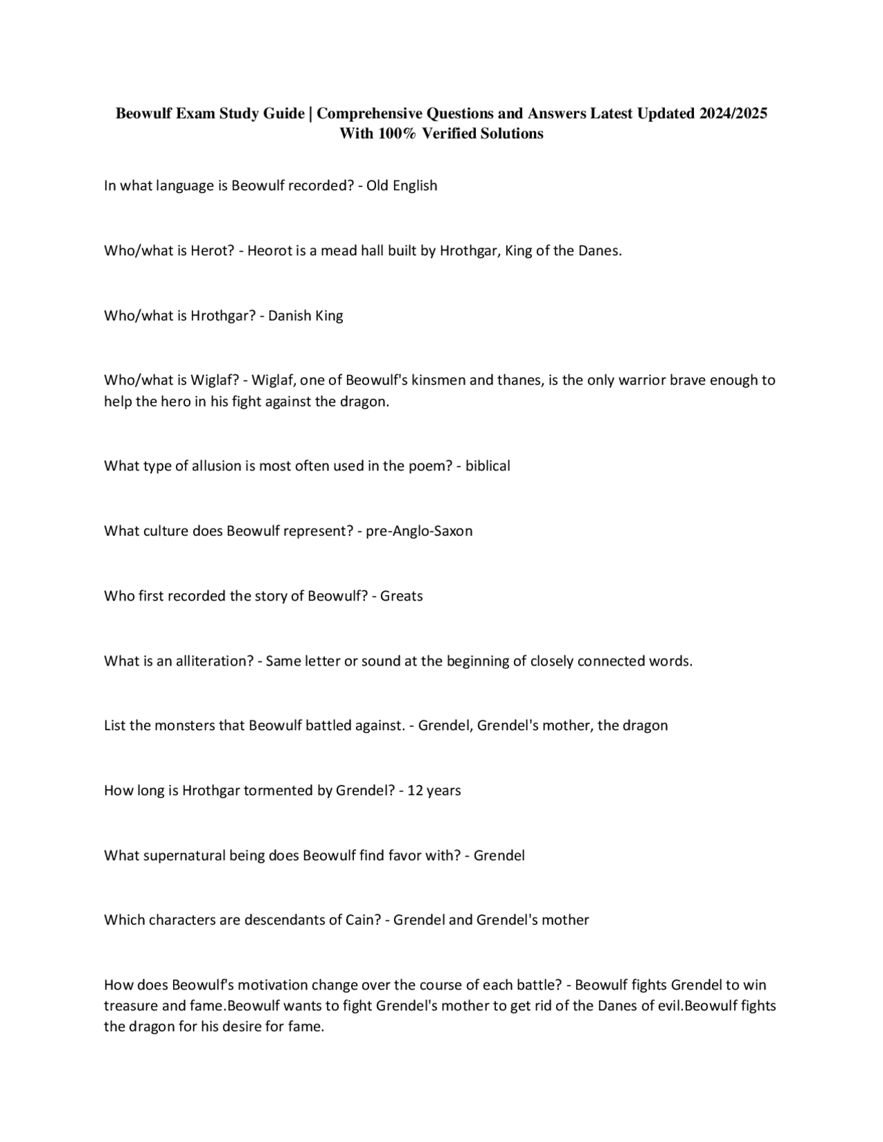 Beowulf Exam Study Guide: Comprehensive Questions and Answers | Exams ...