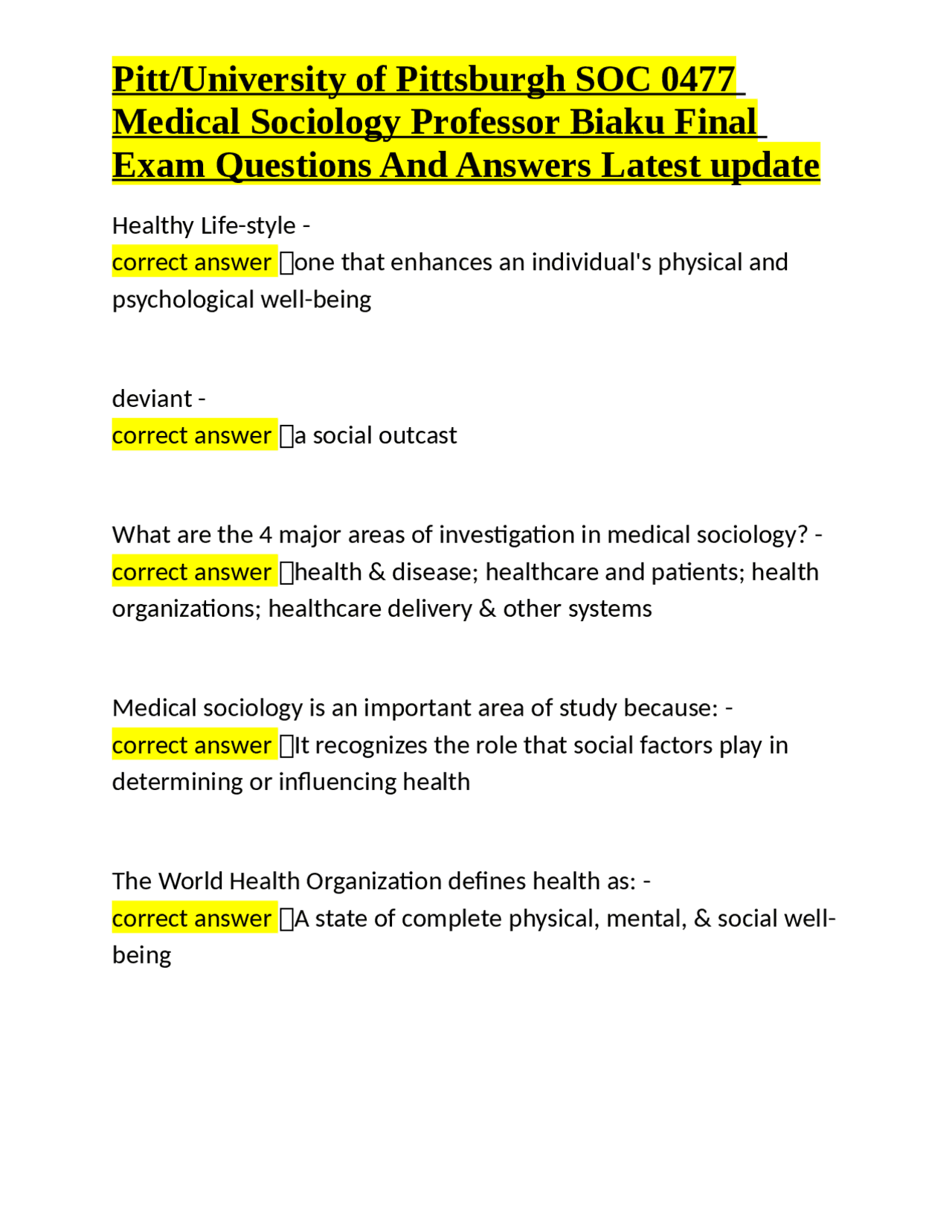 Medical Sociology Exam Questions and Answers: Pitt/University of ...