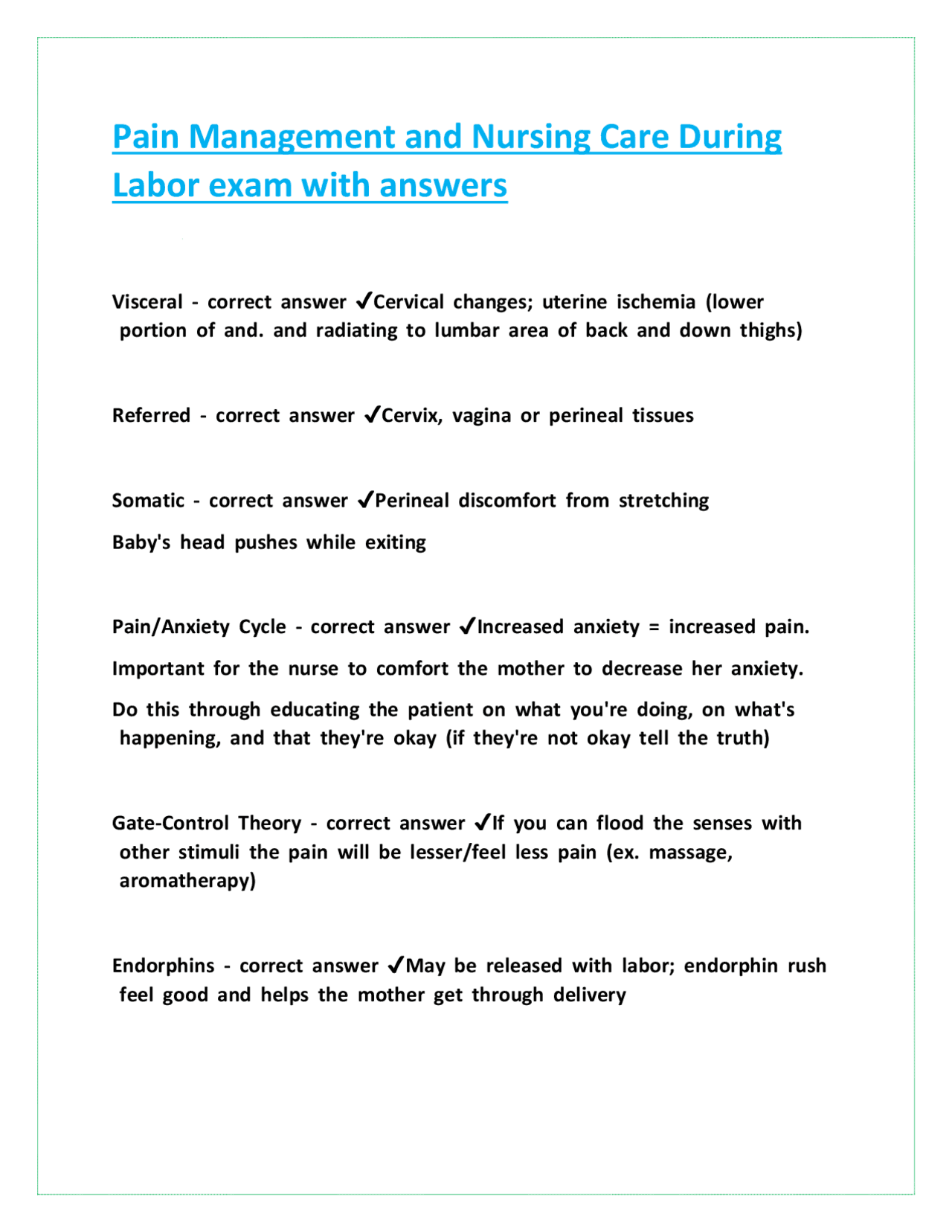 Pain Management and Nursing Care During Labor: Exam with Answers ...