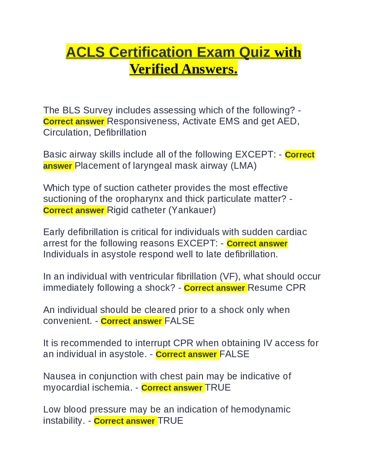 ACLS Certification Exam Quiz with Verified Answers | Exams Nursing ...